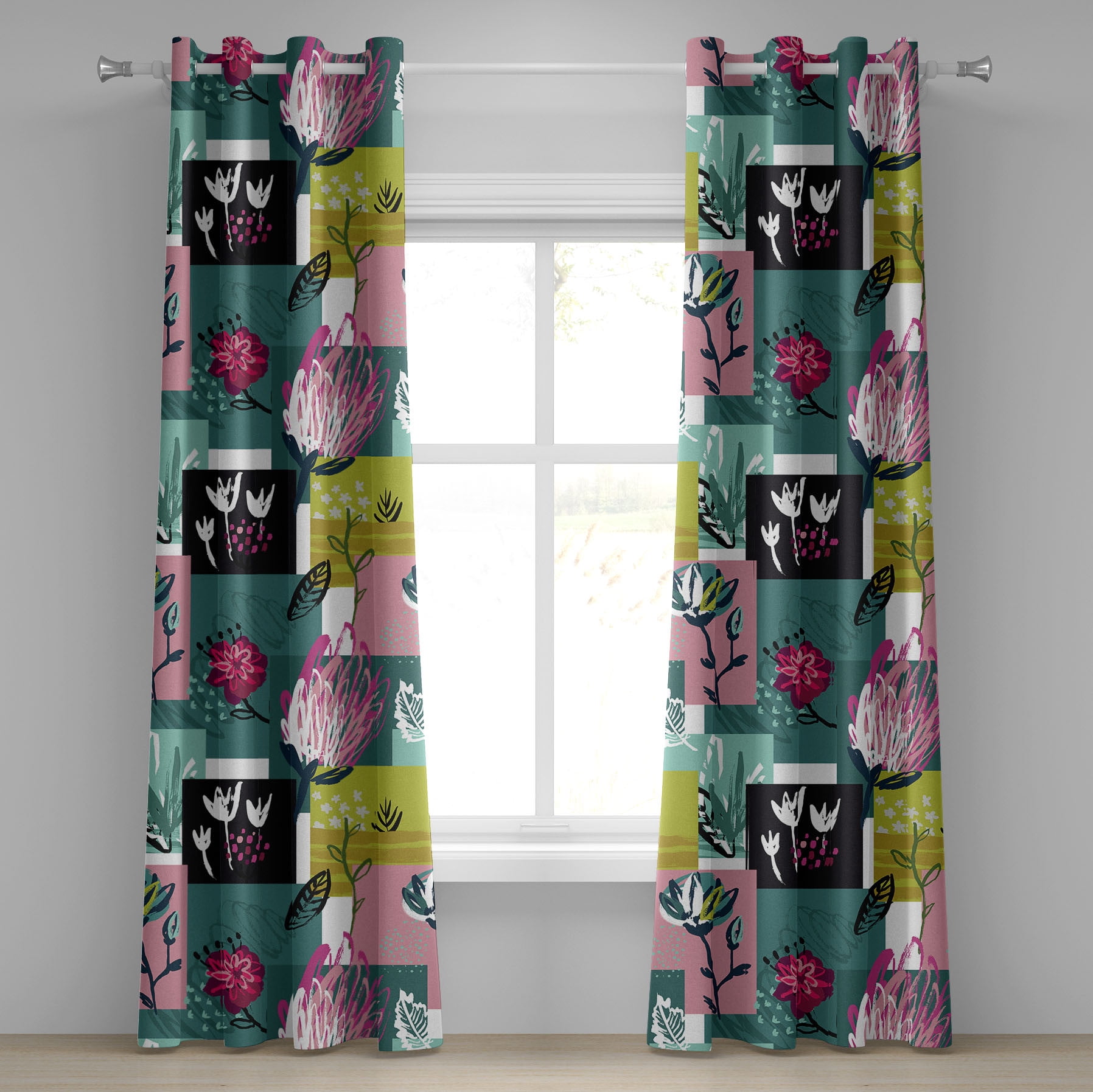 Ambesonne Spring Grommet Curtain, Squares Flowers Pattern Art, 50"x108 ...
