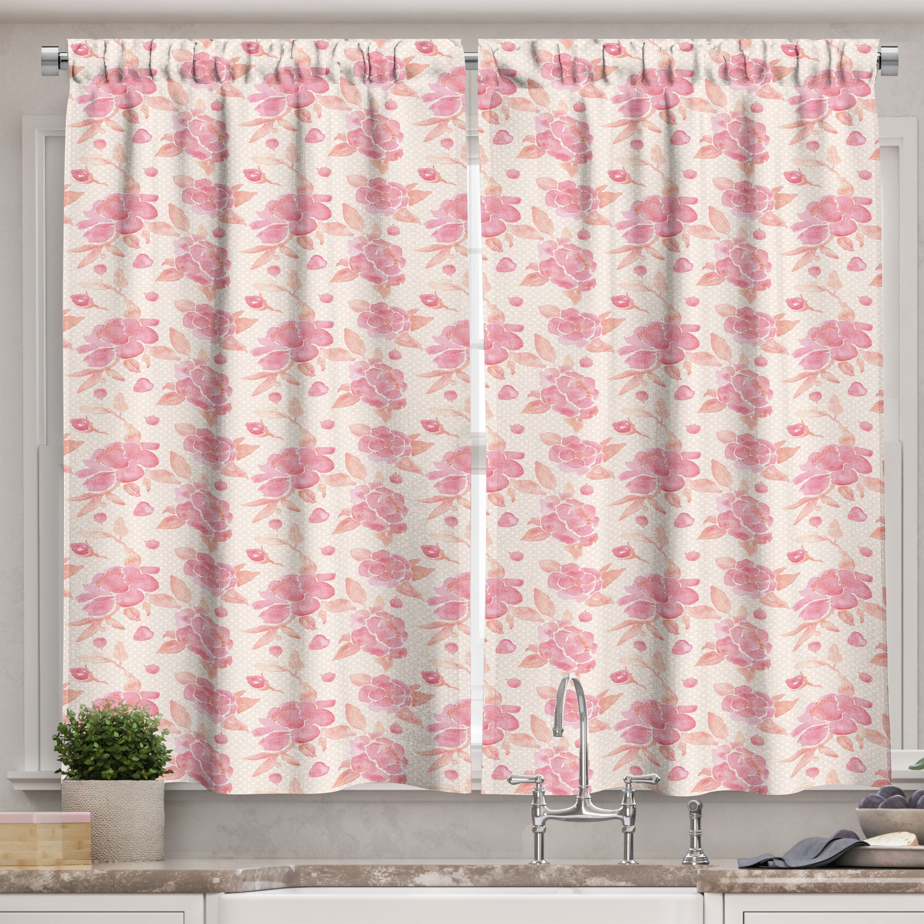 Ambesonne Spring Kitchen Curtains, Pinkish Watercolor Flowers, 55"x39 ...