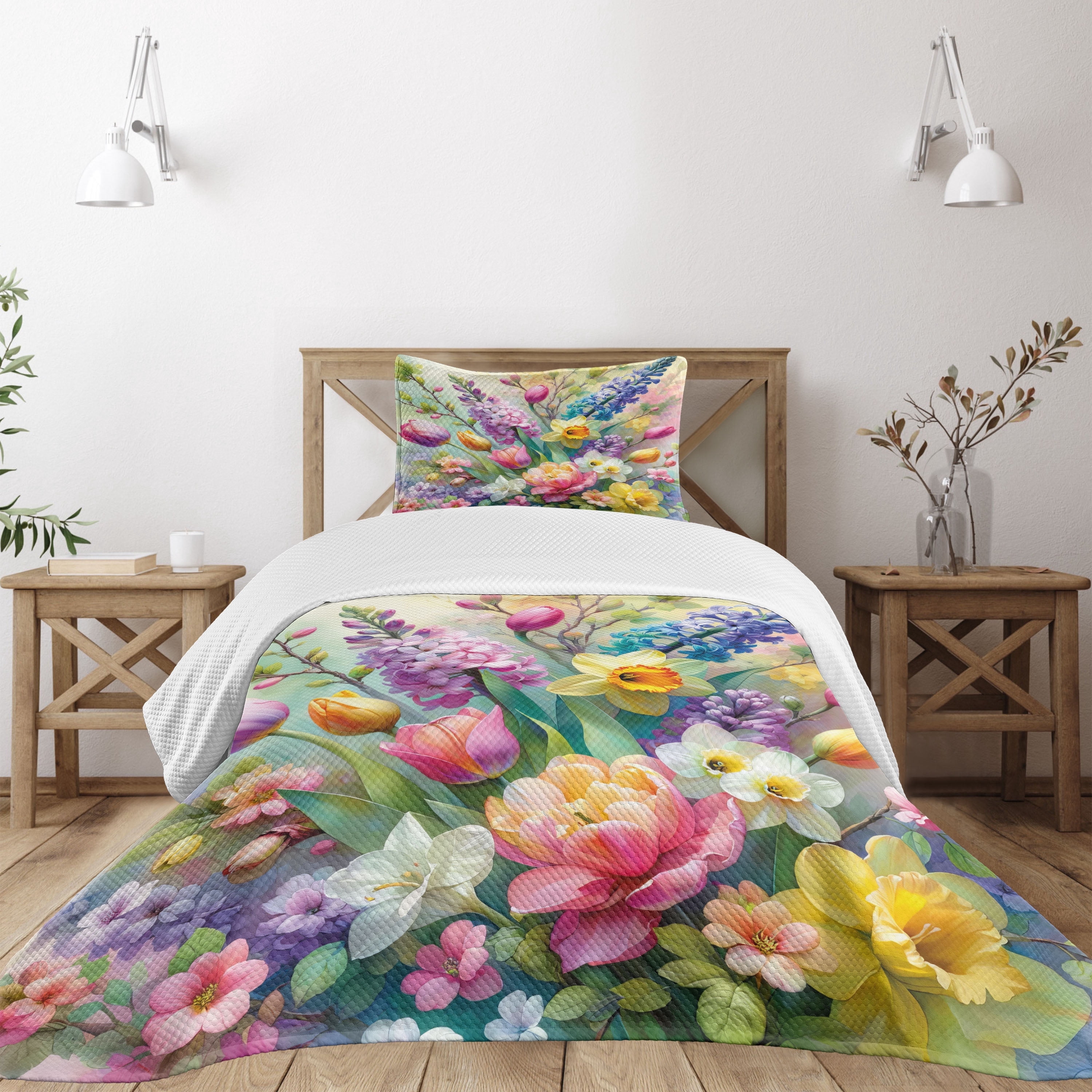 Ambesonne Spring Quilted Bedspread Set 2 Pcs, Dream Scene Flowers ...