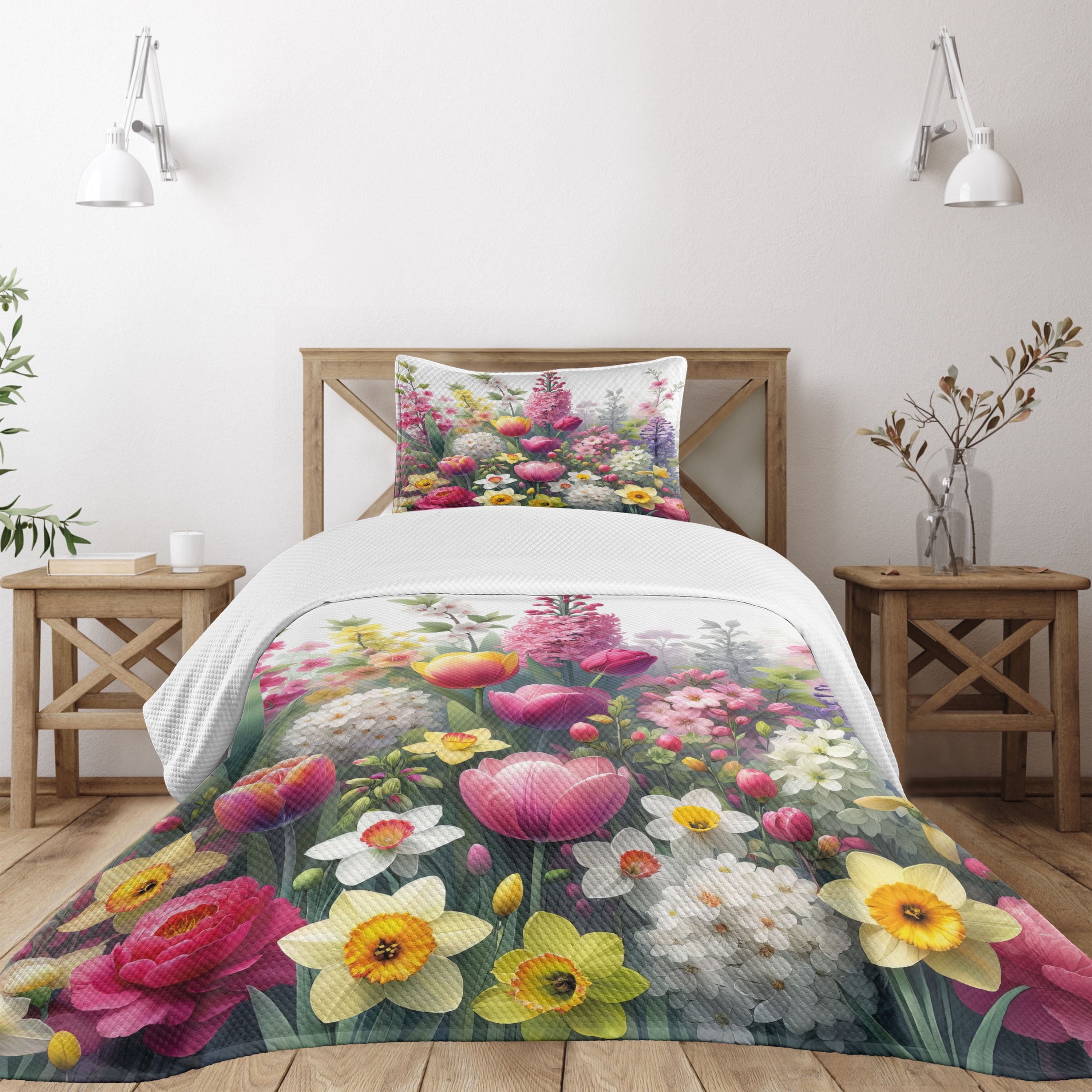 Ambesonne Spring Quilted Bedspread Set 2 Pcs, Wonderland Jungle Floral ...