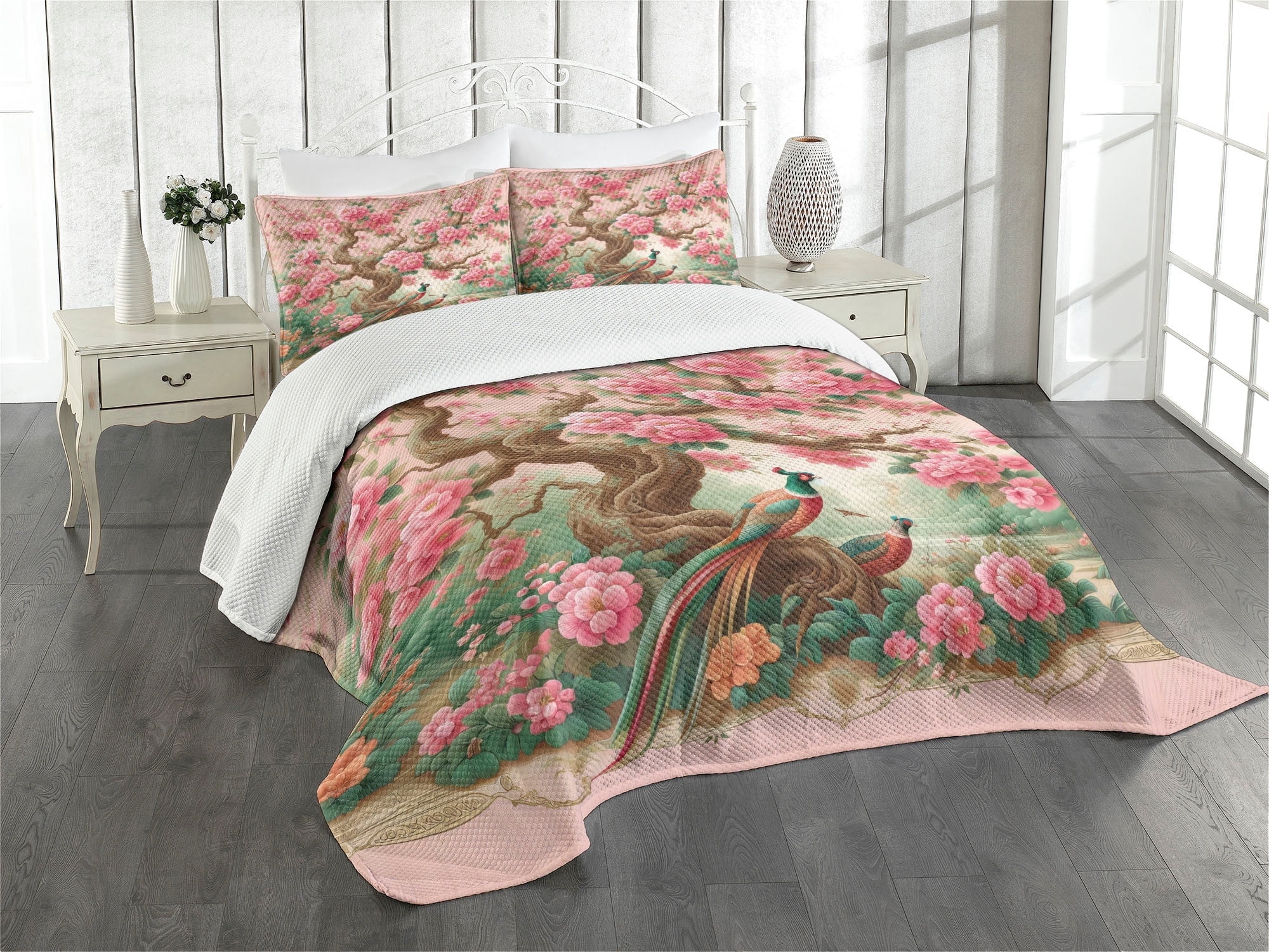 Ambesonne Spring Quilted Bedspread Set 3 Pcs, Asian Floral Tree Peacock ...