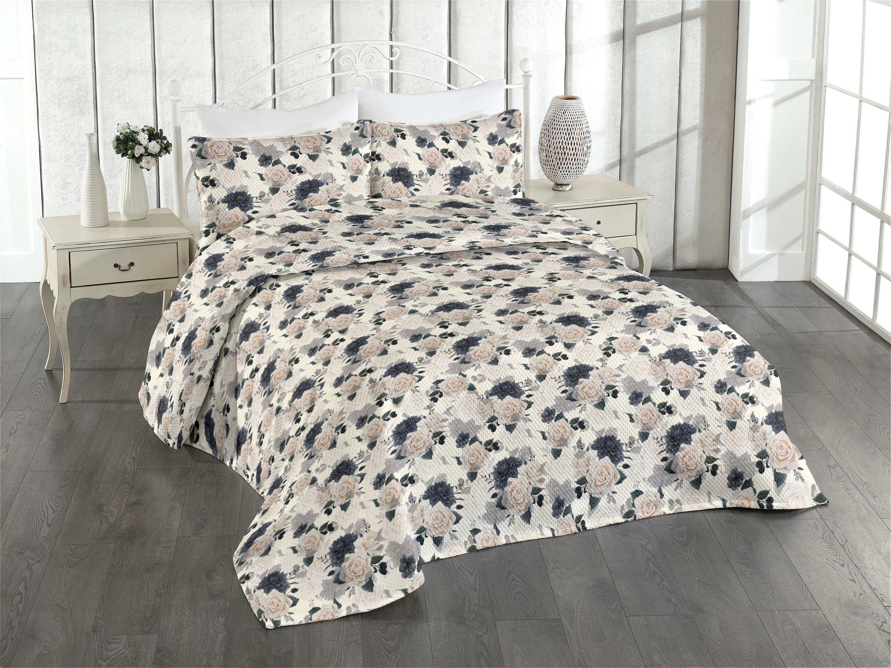 Ambesonne Spring Quilted Bedspread Set 3 Pcs, Black and White Roses Art ...