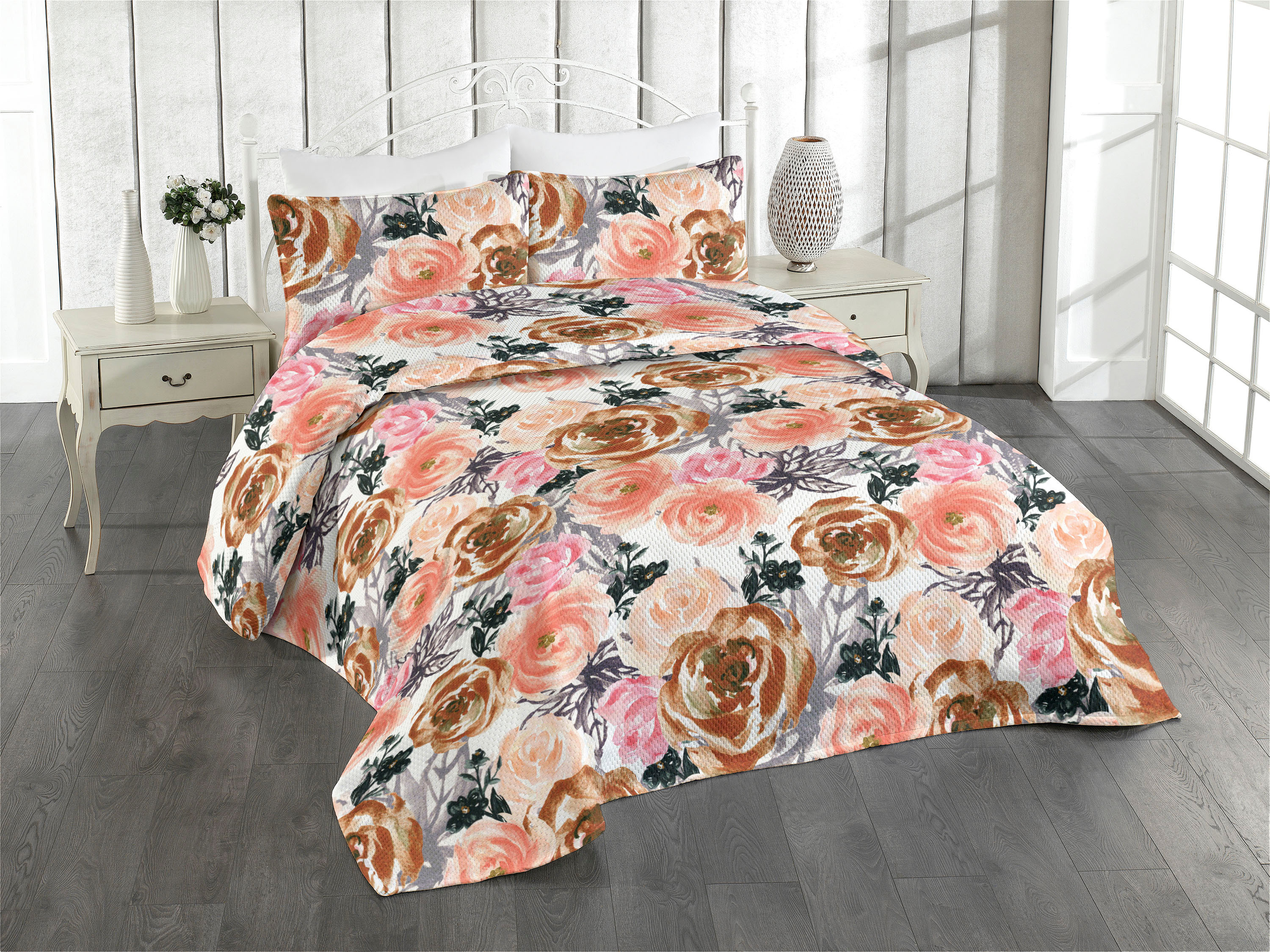 Ambesonne Spring Quilted Bedspread Set 3 Pcs, Flower Foliage Watercolor ...