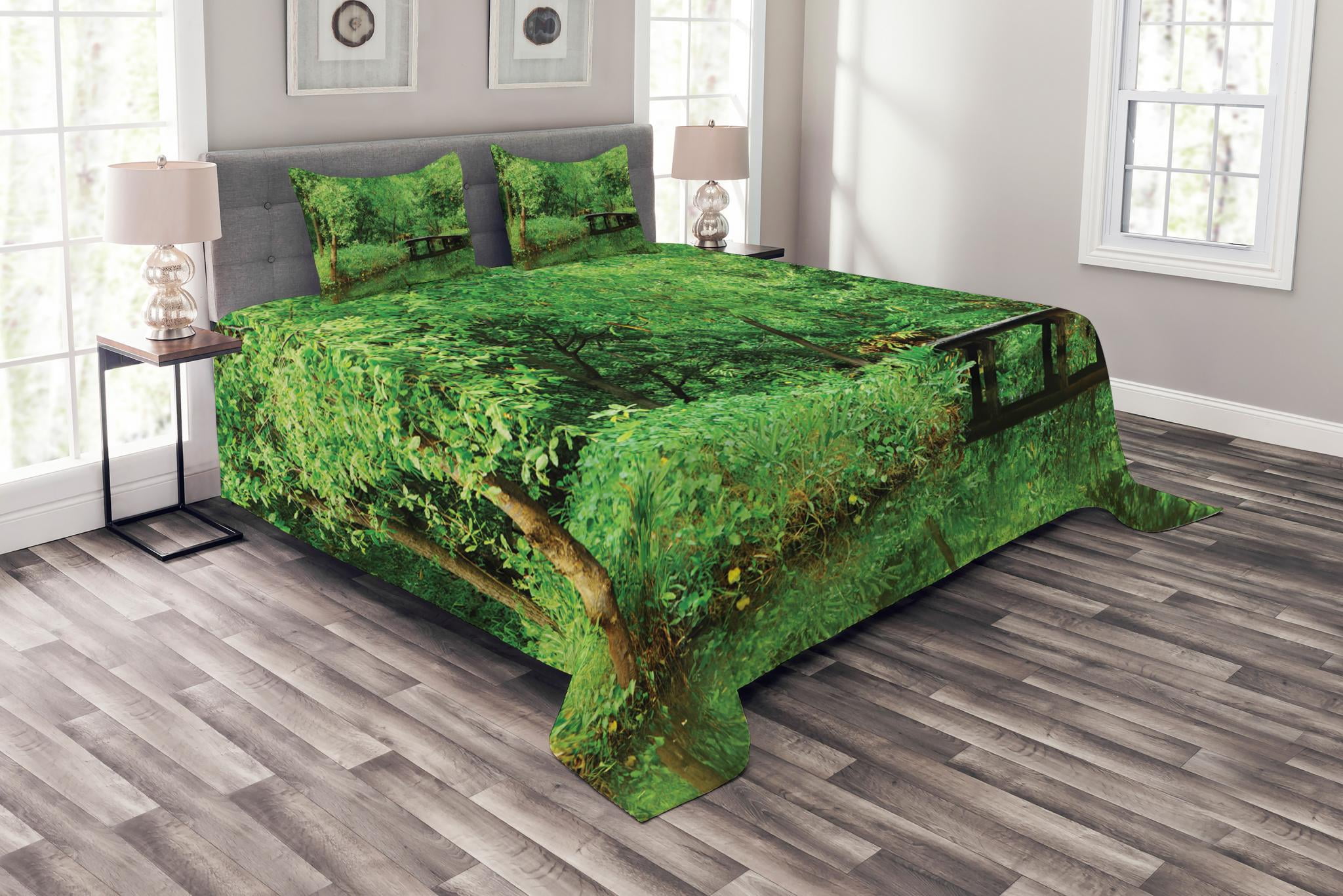Ambesonne Spring Quilted Bedspread Set 3 Pcs, Foliage Forest Woodsy ...