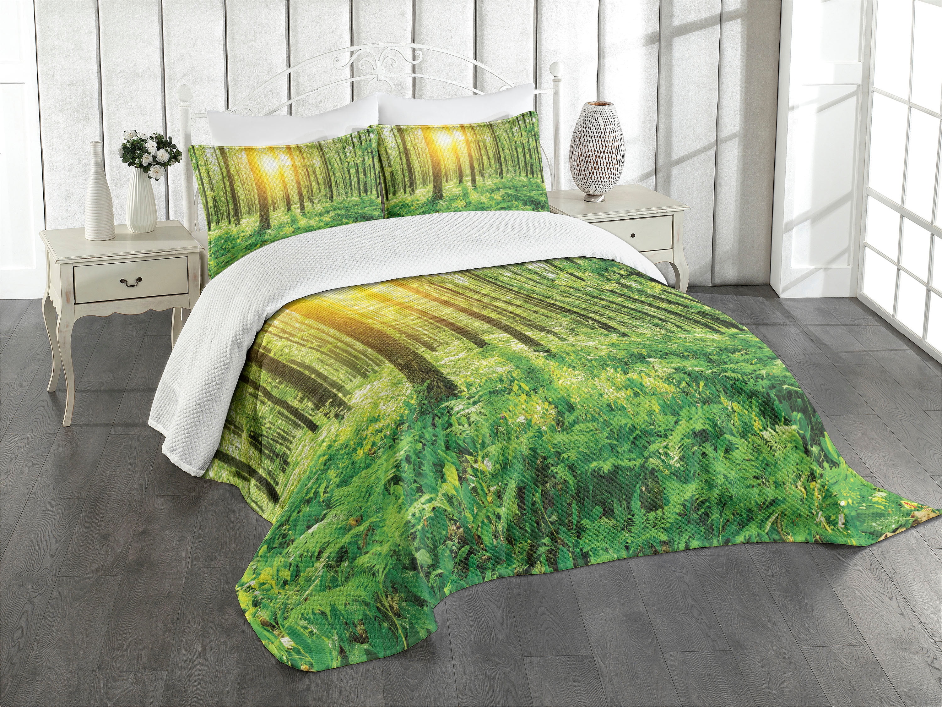 Ambesonne Spring Quilted Bedspread Set 3 Pcs, Forest Foliage Nature ...