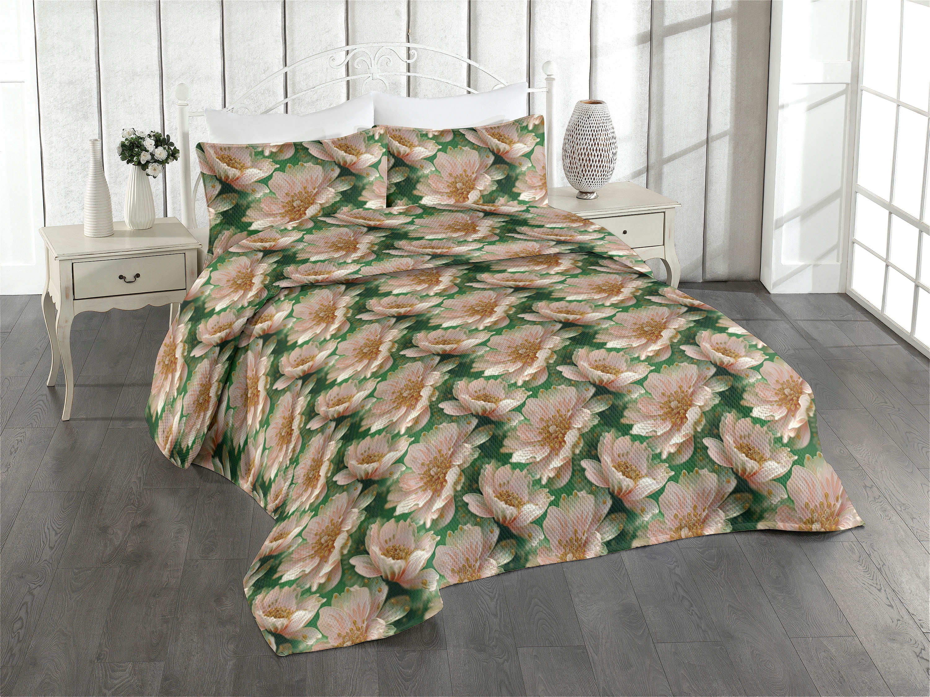 Ambesonne Spring Quilted Bedspread Set 3 Pcs, Peachy Petals Nature ...
