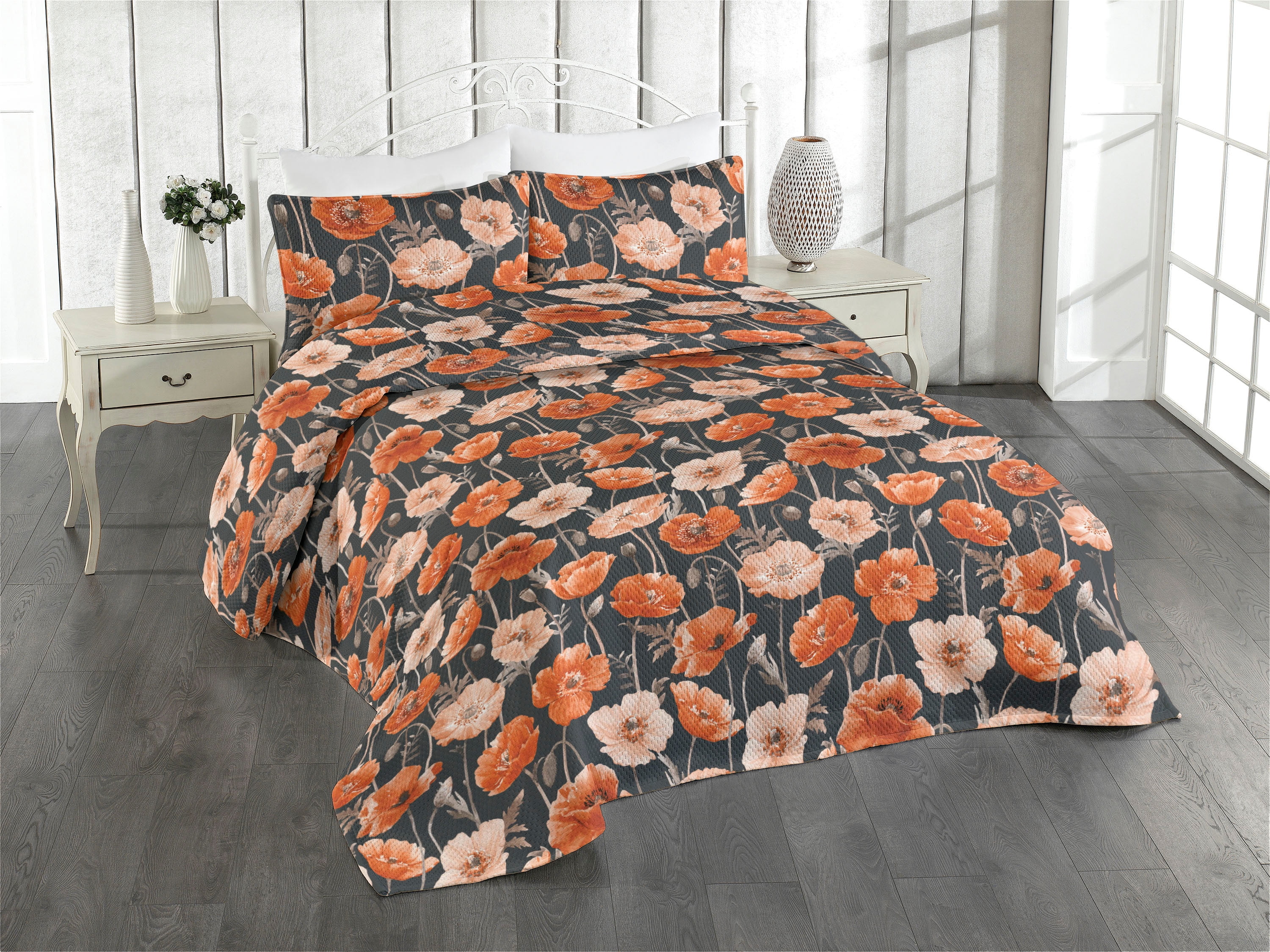 Ambesonne Spring Quilted Bedspread Set 3 Pcs, Poppy Flowers Watercolor ...