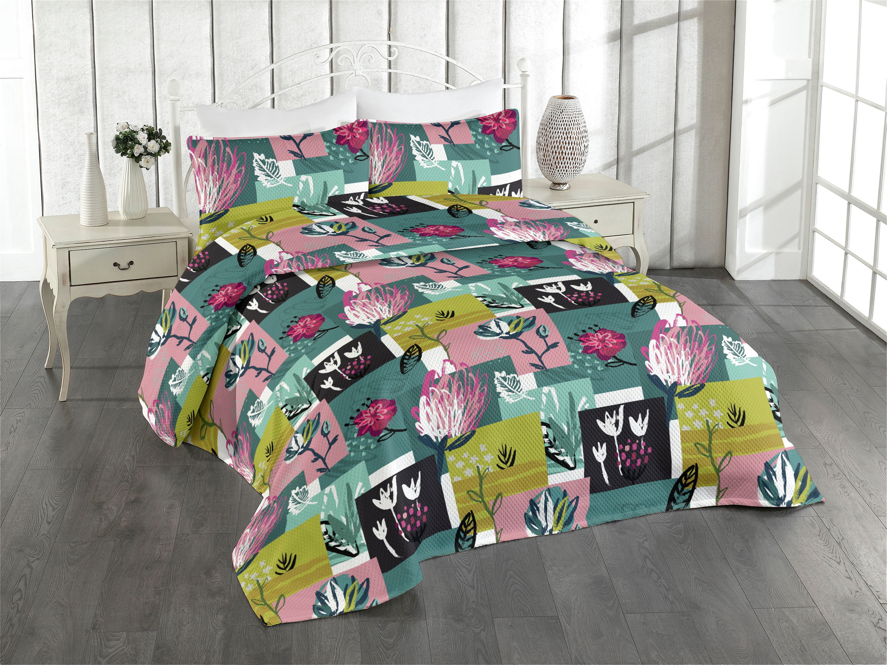 Ambesonne Spring Quilted Bedspread Set 3 Pcs, Squares Flowers Pattern ...