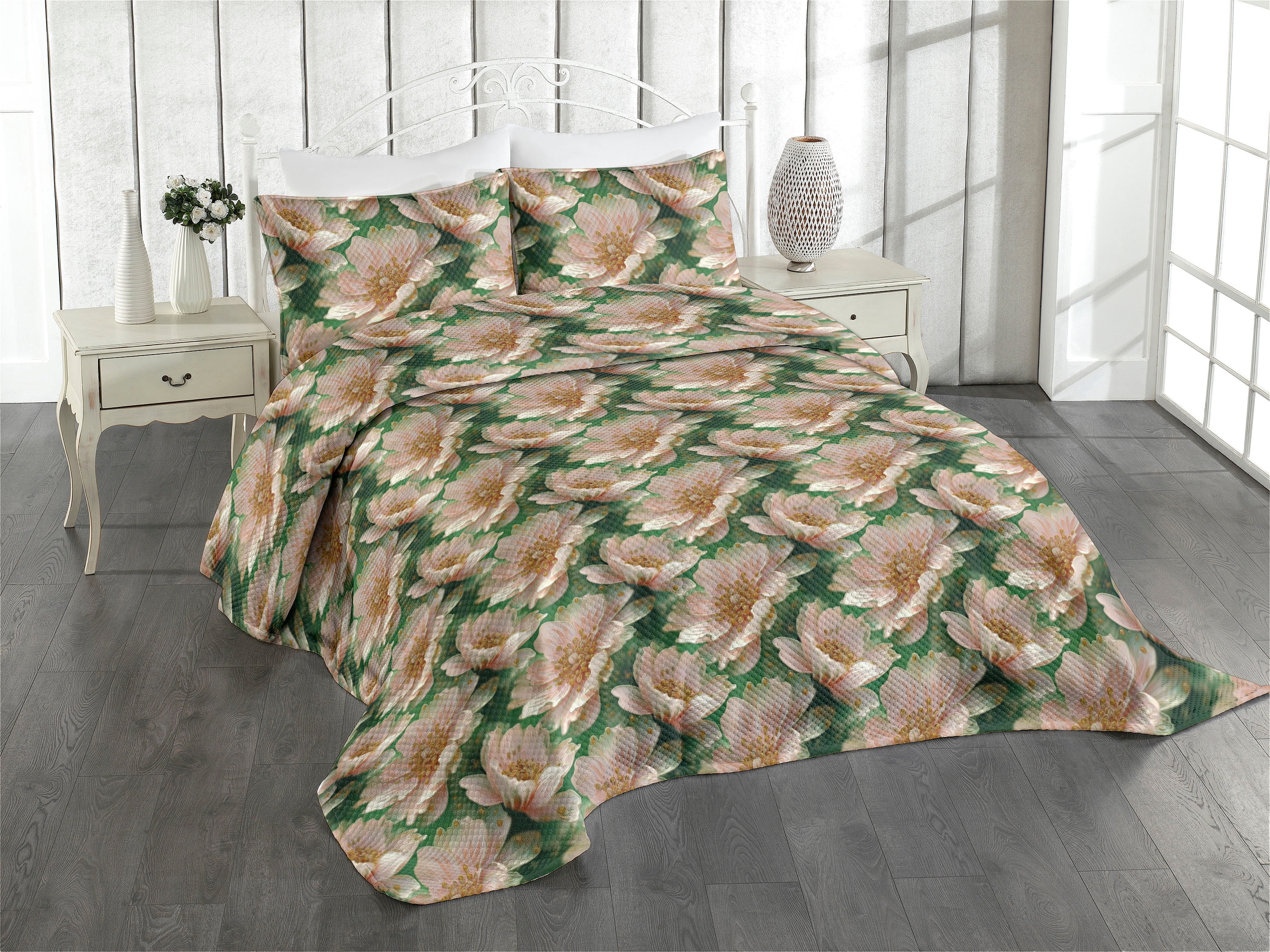 Ambesonne Spring Quilted Coverlet 2 Pcs, Peachy Petals Nature Pattern ...