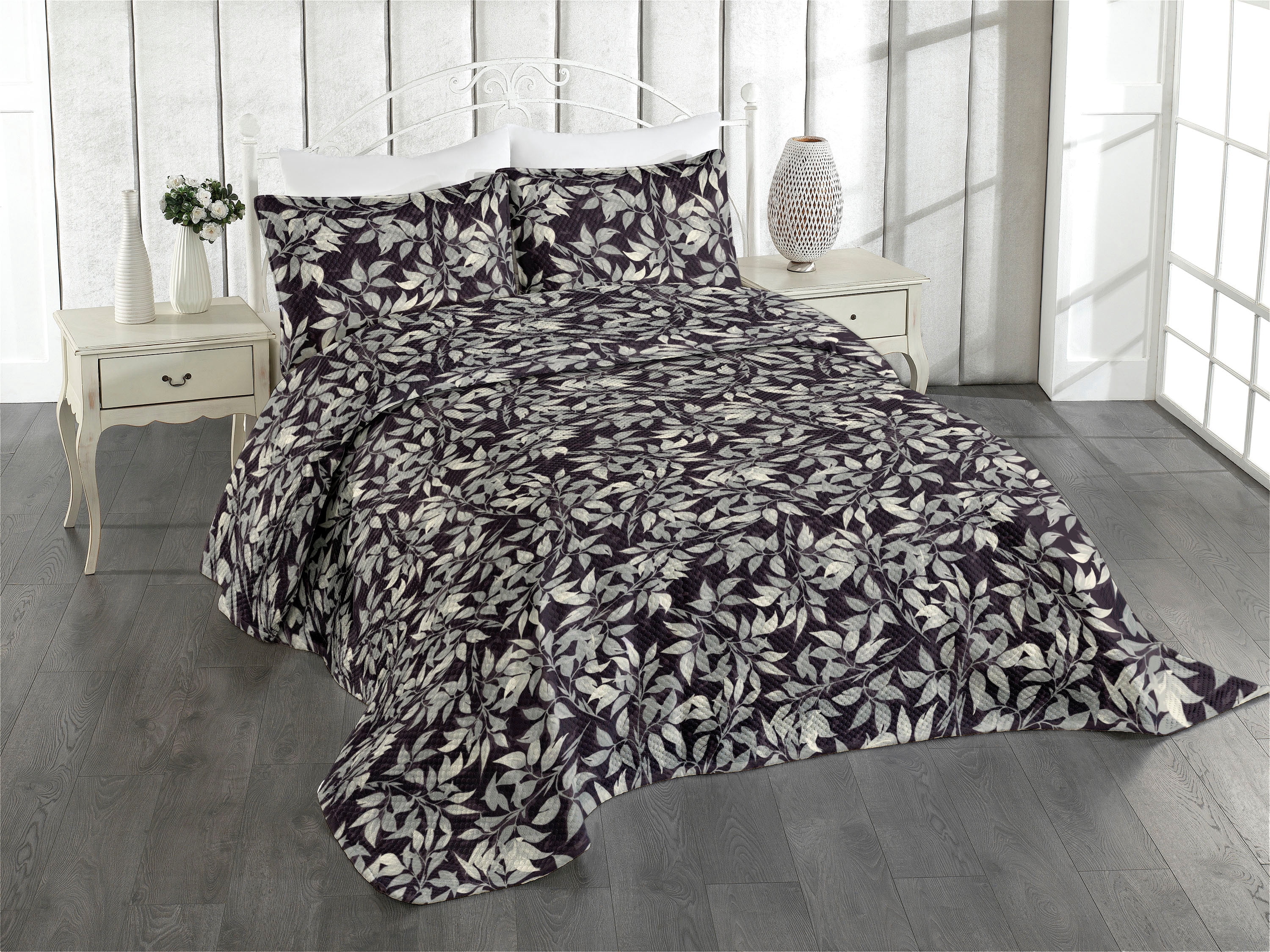 Ambesonne Spring Quilted Coverlet 3 Pcs, Continuous Ficus Leaves Art ...
