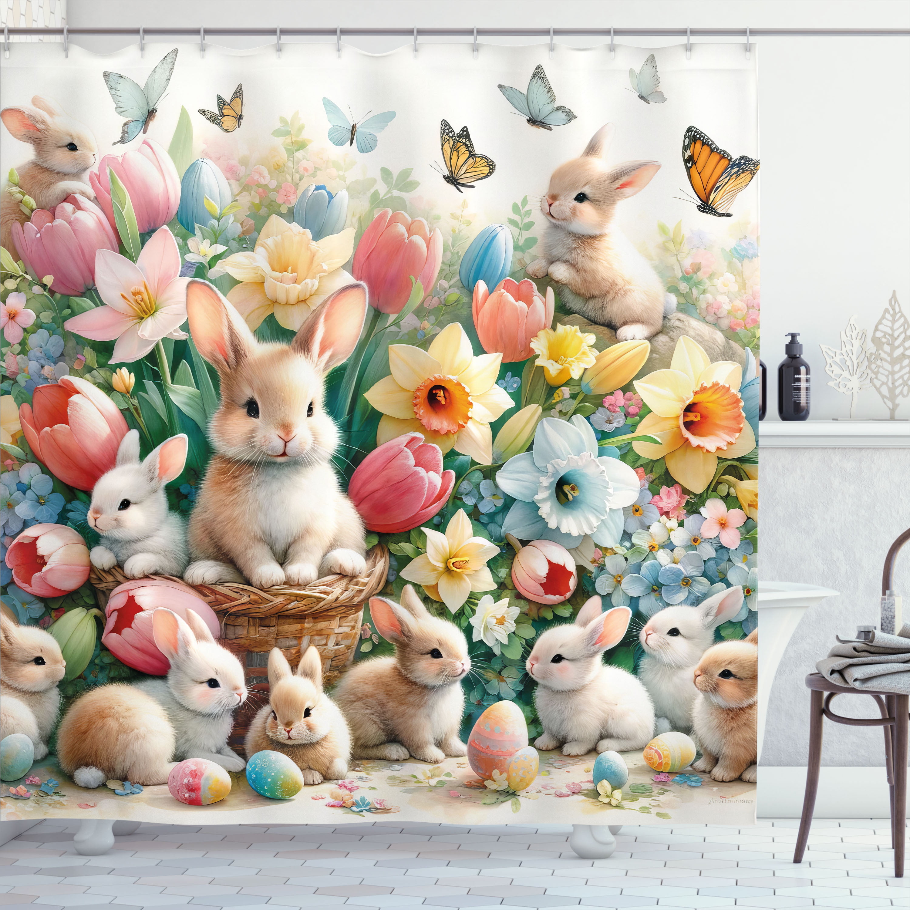 Ambesonne Spring Shower Curtain, Easter Happy Flowers Rabbits, 69"Wx70 ...