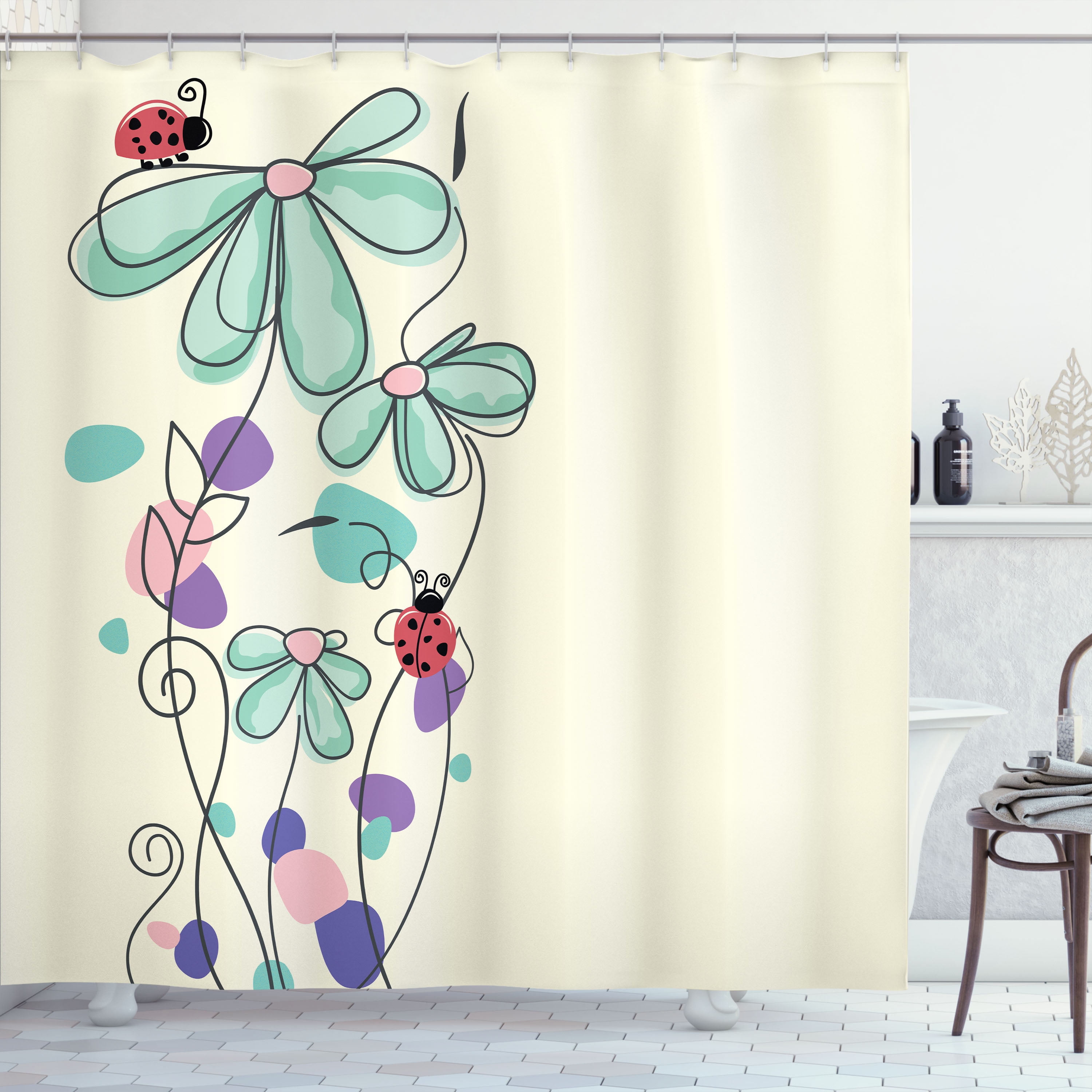 Ambesonne Spring Shower Curtain, Ladybug Illustration Floral, 69"Wx75"L ...