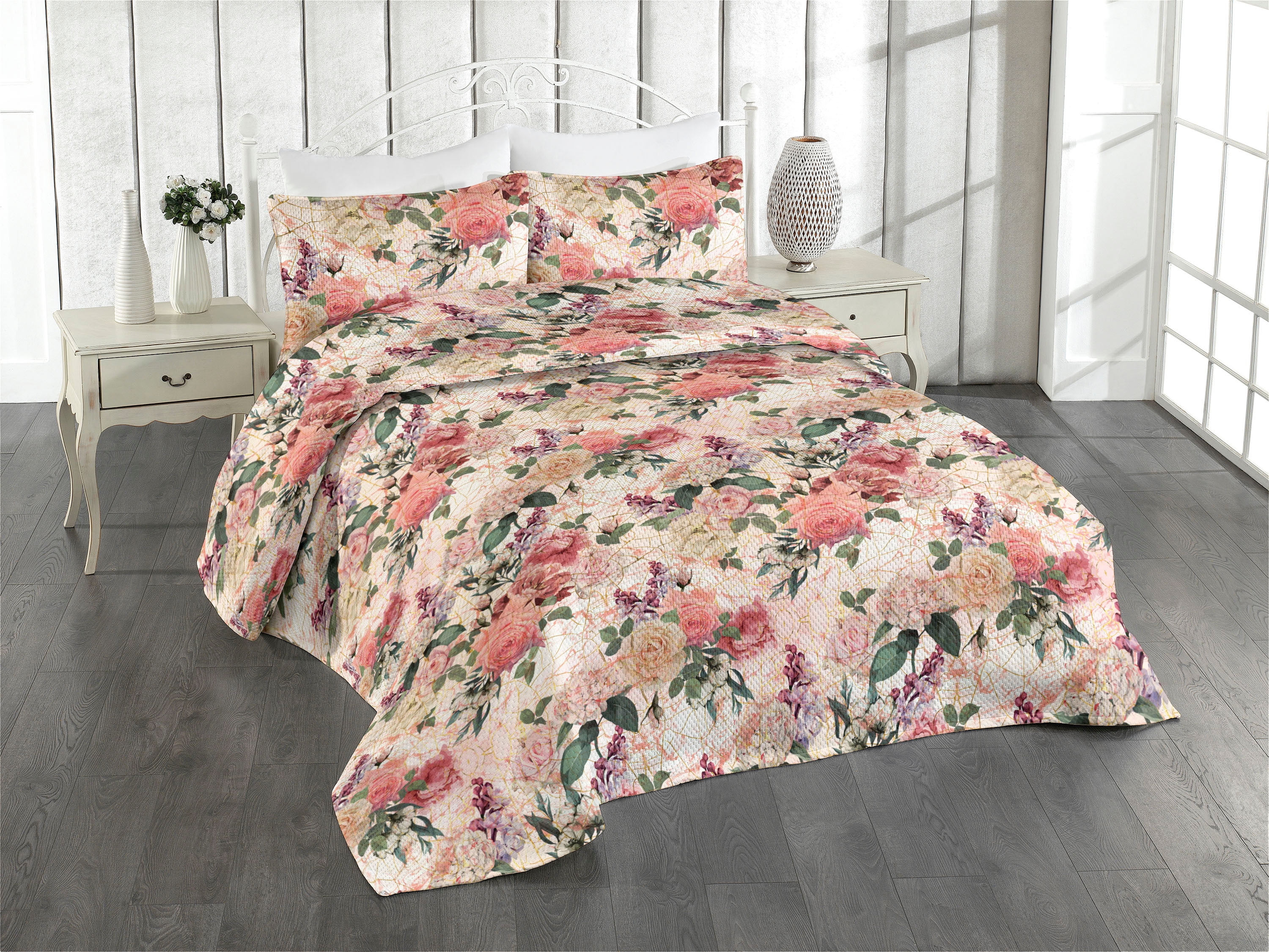 Ambesonne Springtime Quilted Bedspread Set 3 Pcs, Delicate Rose Leafy ...