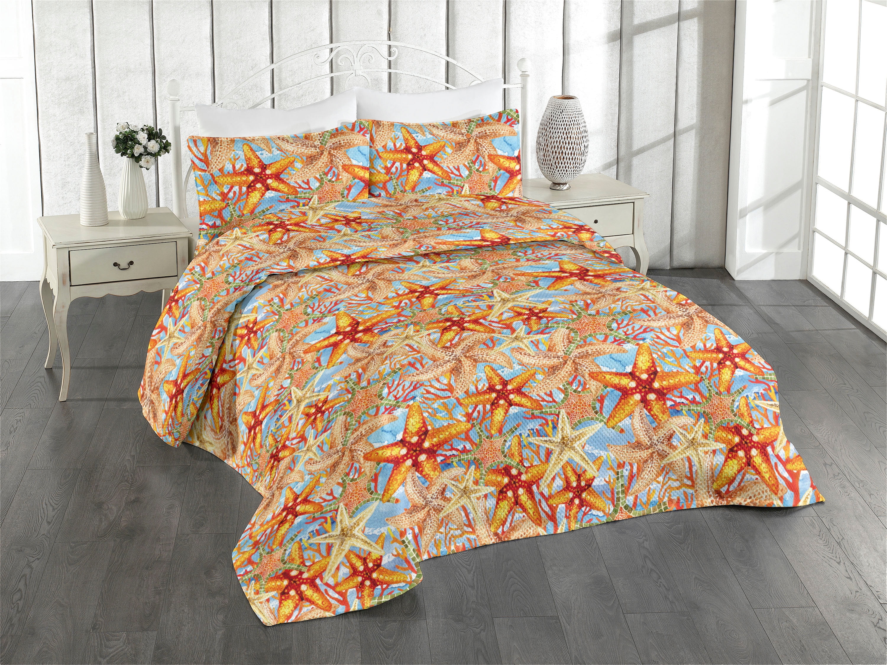Ambesonne Starfish Quilted Bedspread Set 3 Pcs, Print Nautical Sea ...