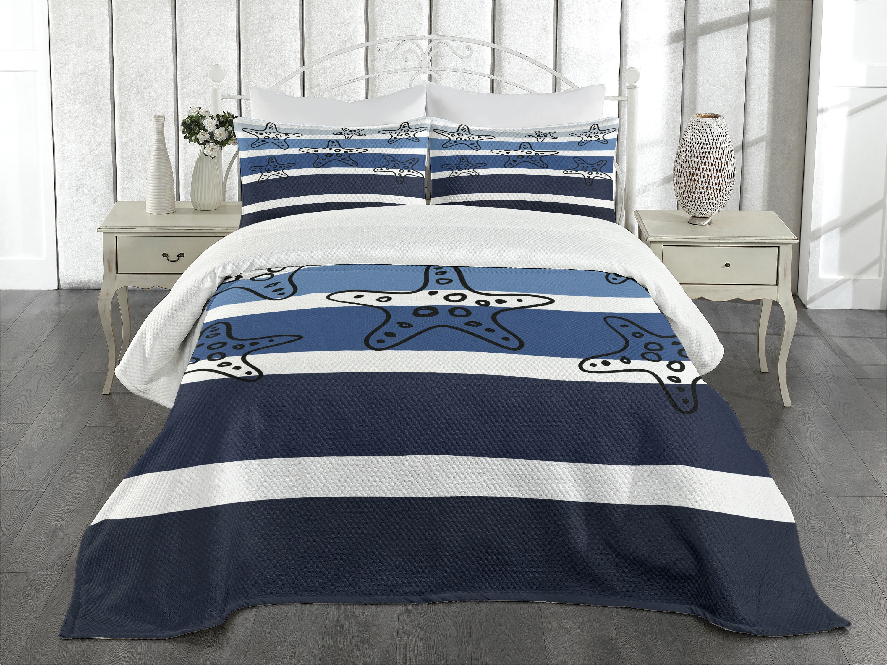 Ambesonne Starfish Quilted Bedspread Set 3 Pcs, Stripes Starfish, Queen ...