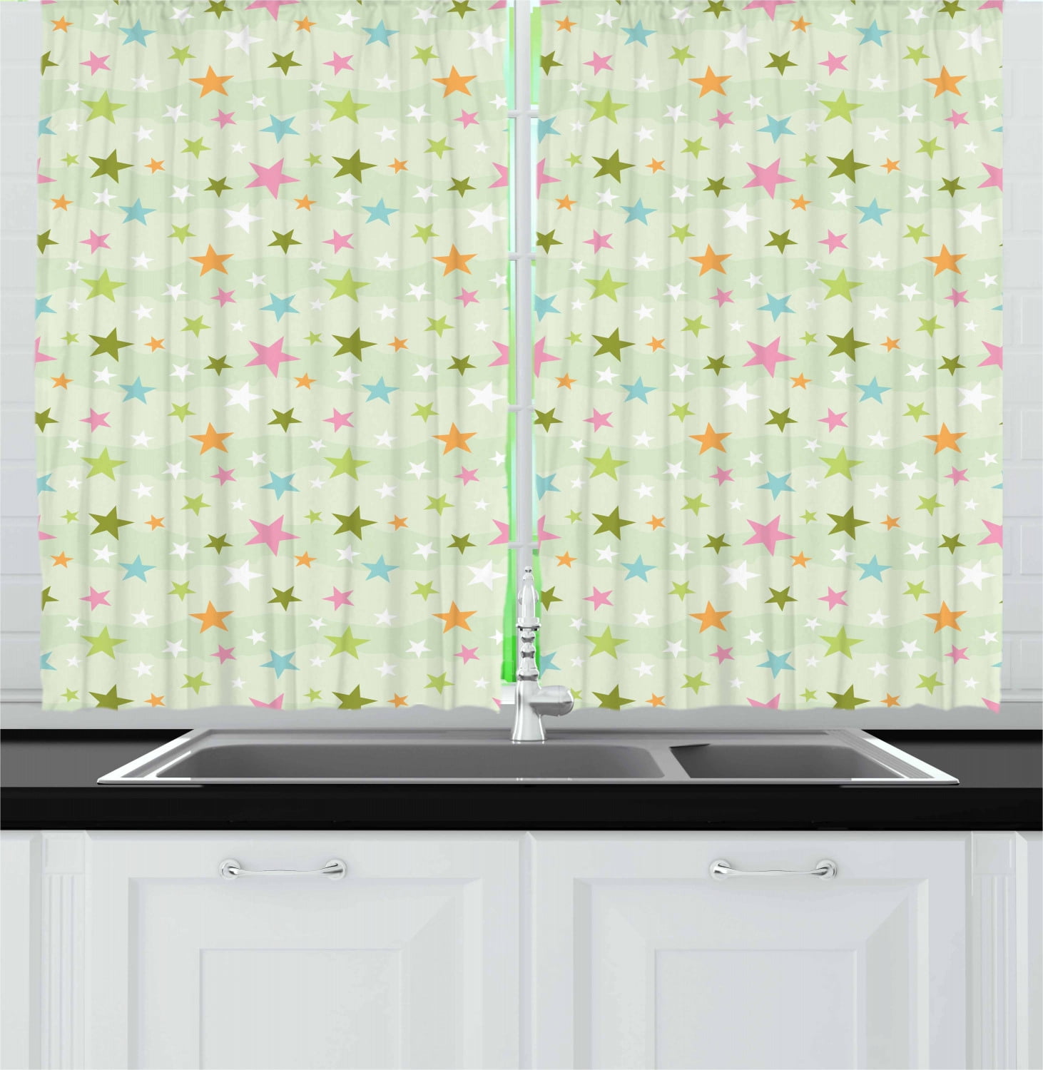 Ambesonne Stars Kitchen Curtains, Colorful Stars on Pale Green, 55"x39 ...