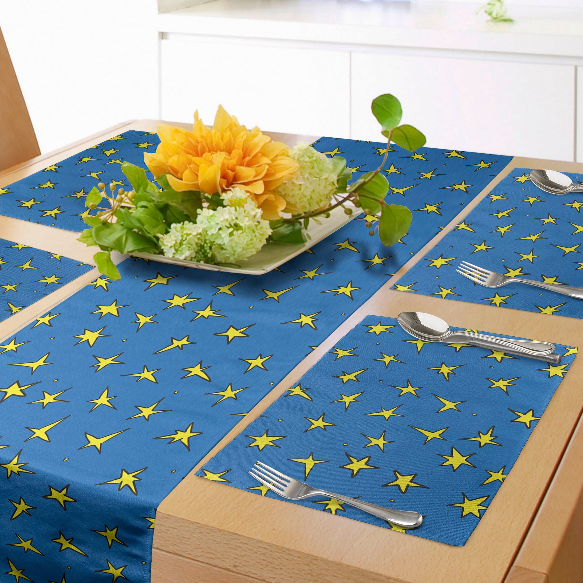 Ambesonne Stars Table Runner & Placemats, Cool Tone Sky Night Cartoon ...