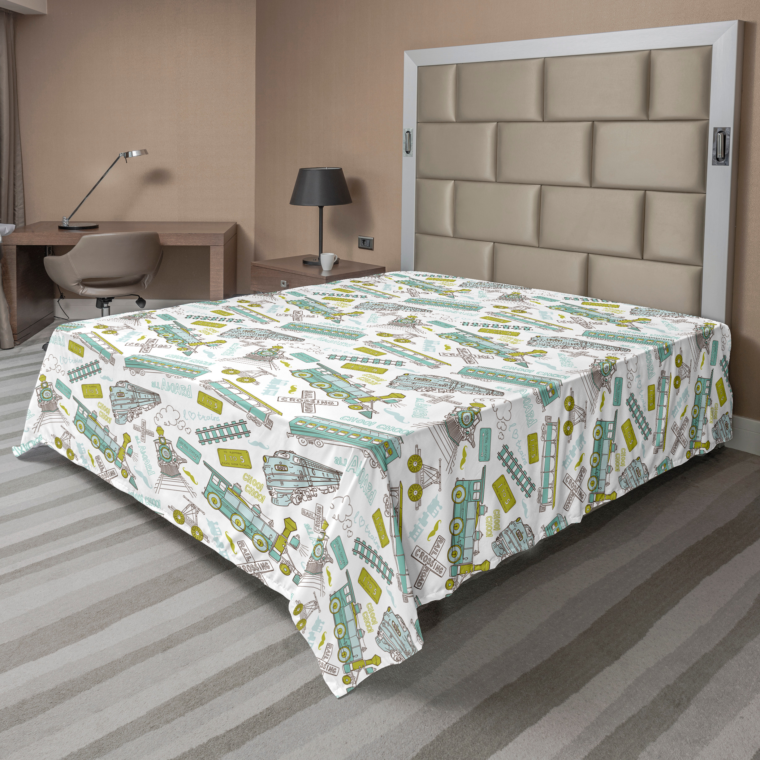 Ambesonne Steam Engine Flat Sheet, Train, Full Size, Apple Green ...