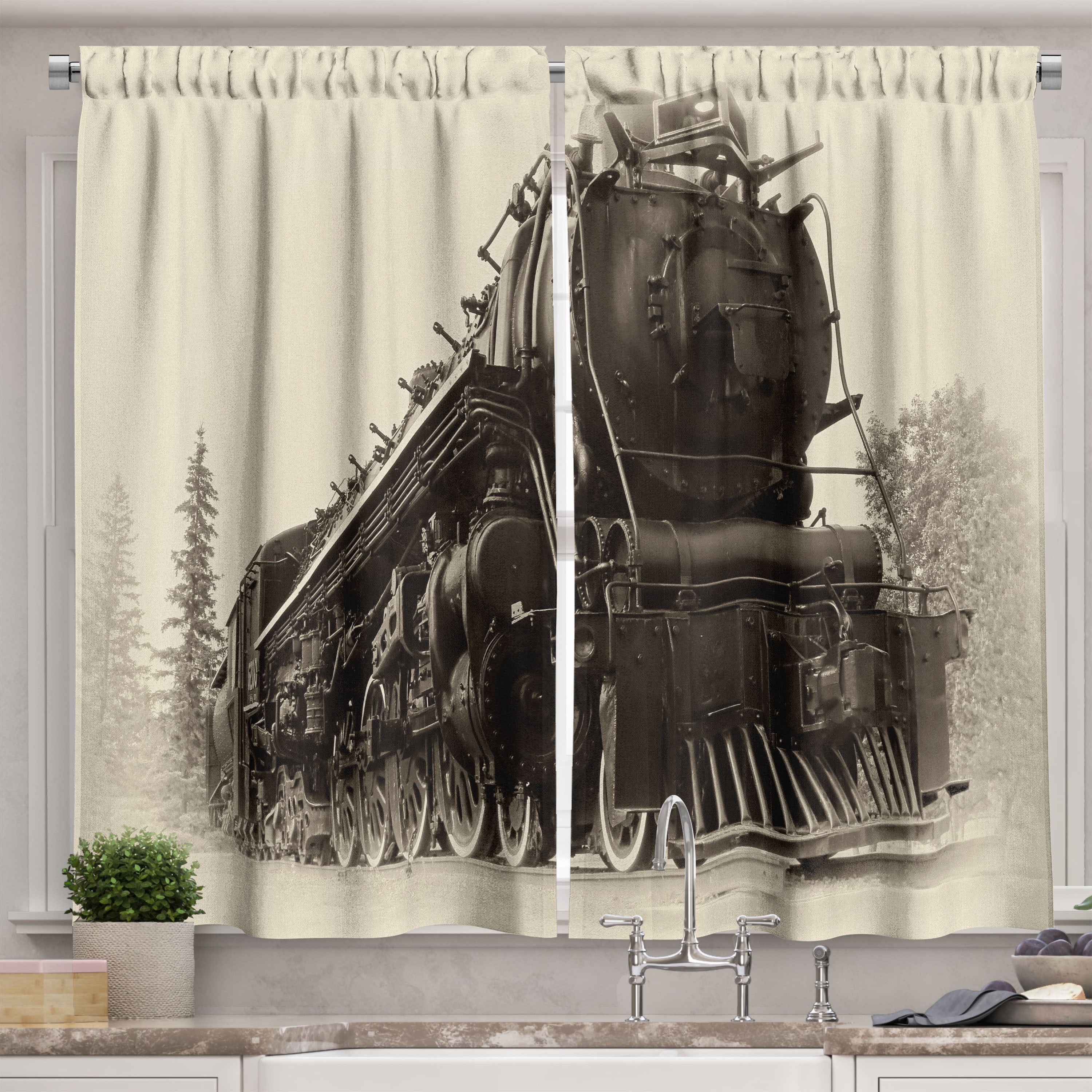 Ambesonne Steam Engine Kitchen Curtains, Antique Train Art, 55"x45 ...