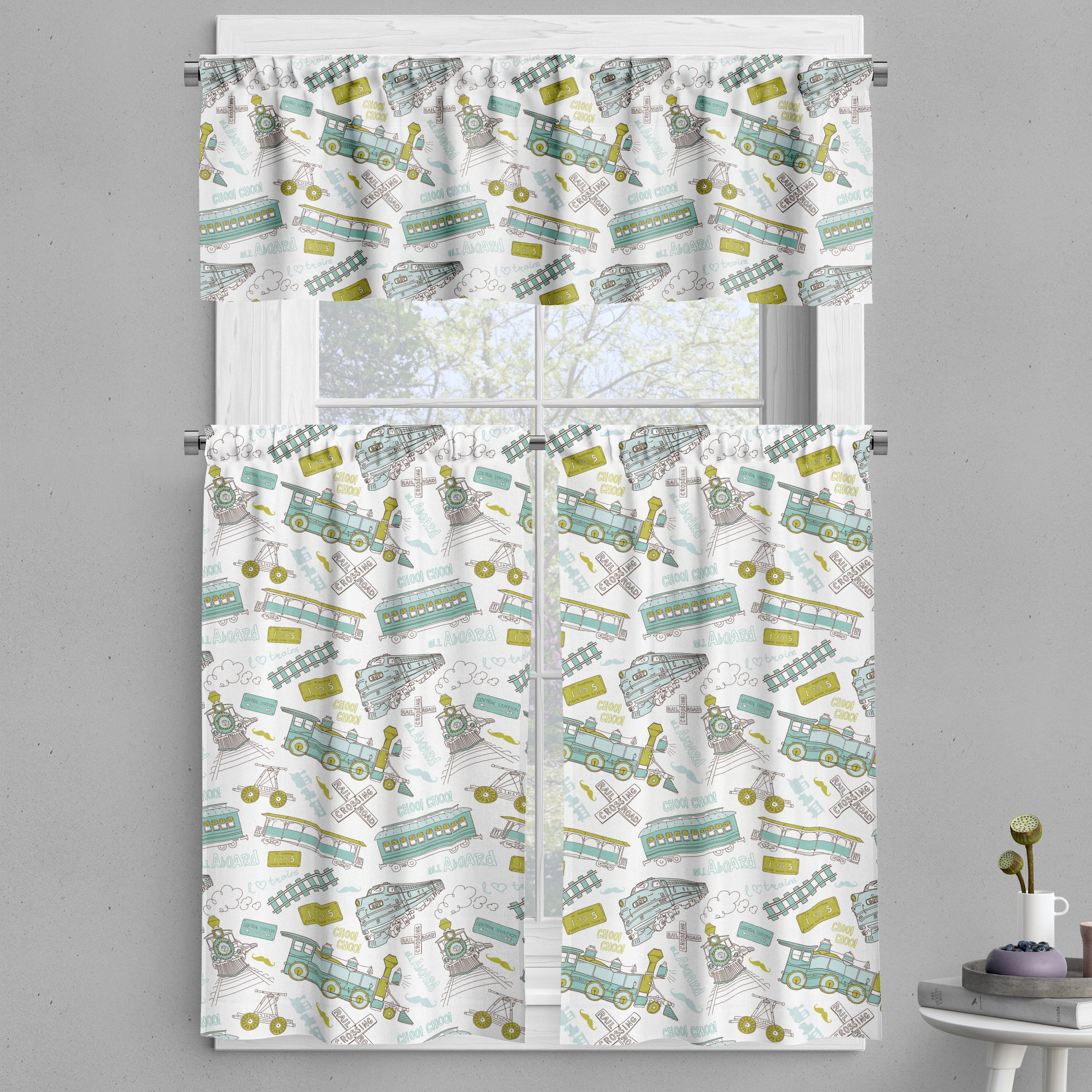 Ambesonne Steam Engine Valance & Curtain, Train, 55"x30", Apple Green ...