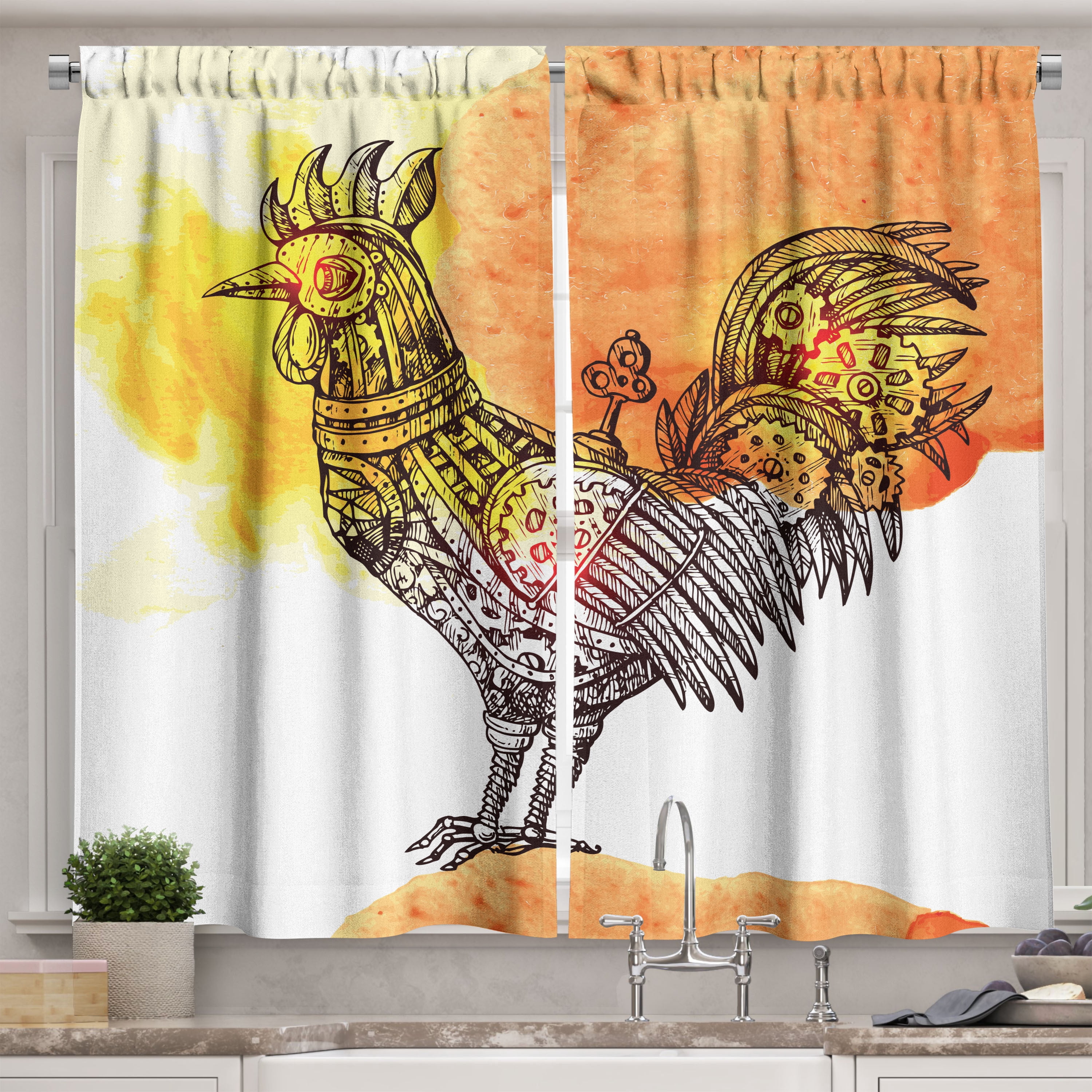 Ambesonne Steampunk Kitchen Curtains, Mechanical Rooster, 55"x39 ...