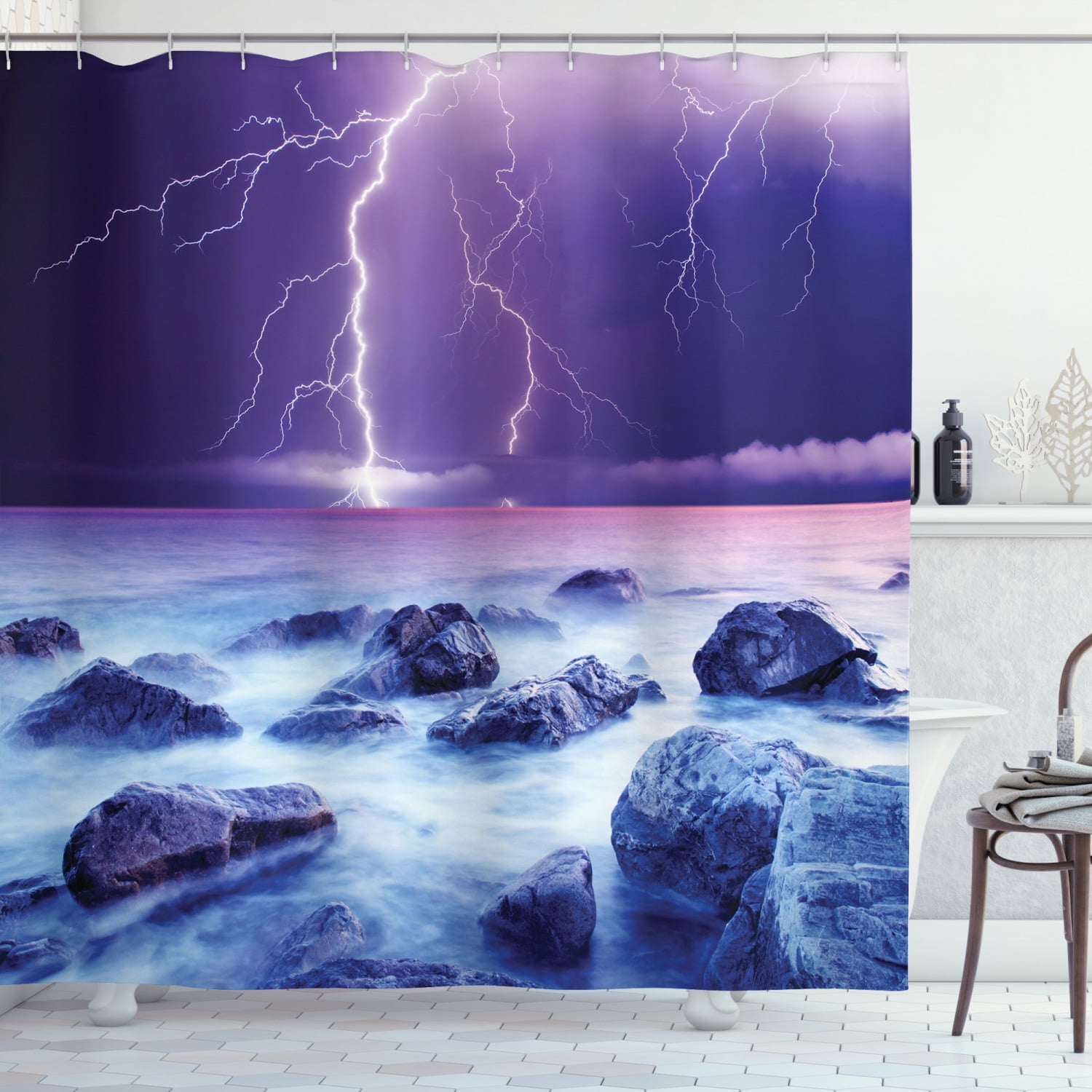 Ambesonne Storm Shower Curtain, Stormy Sky Ocean Rocks Night, 69"Wx75"L ...