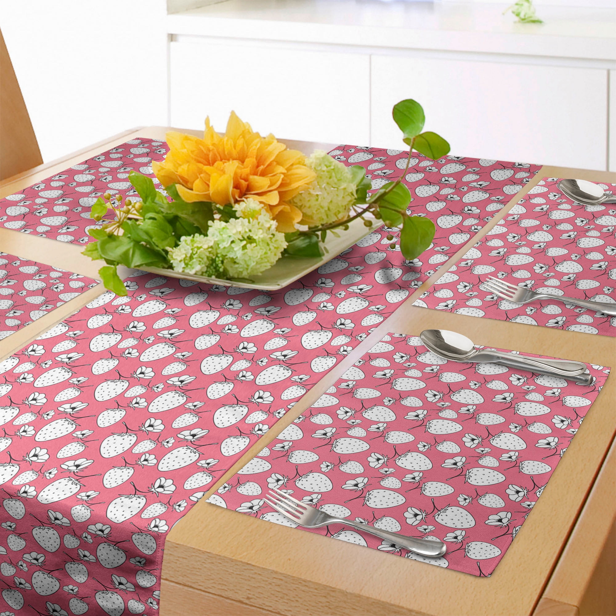 Ambesonne Strawberry Table Runner & Placemats, Flowers Fresh Fruit Art ...