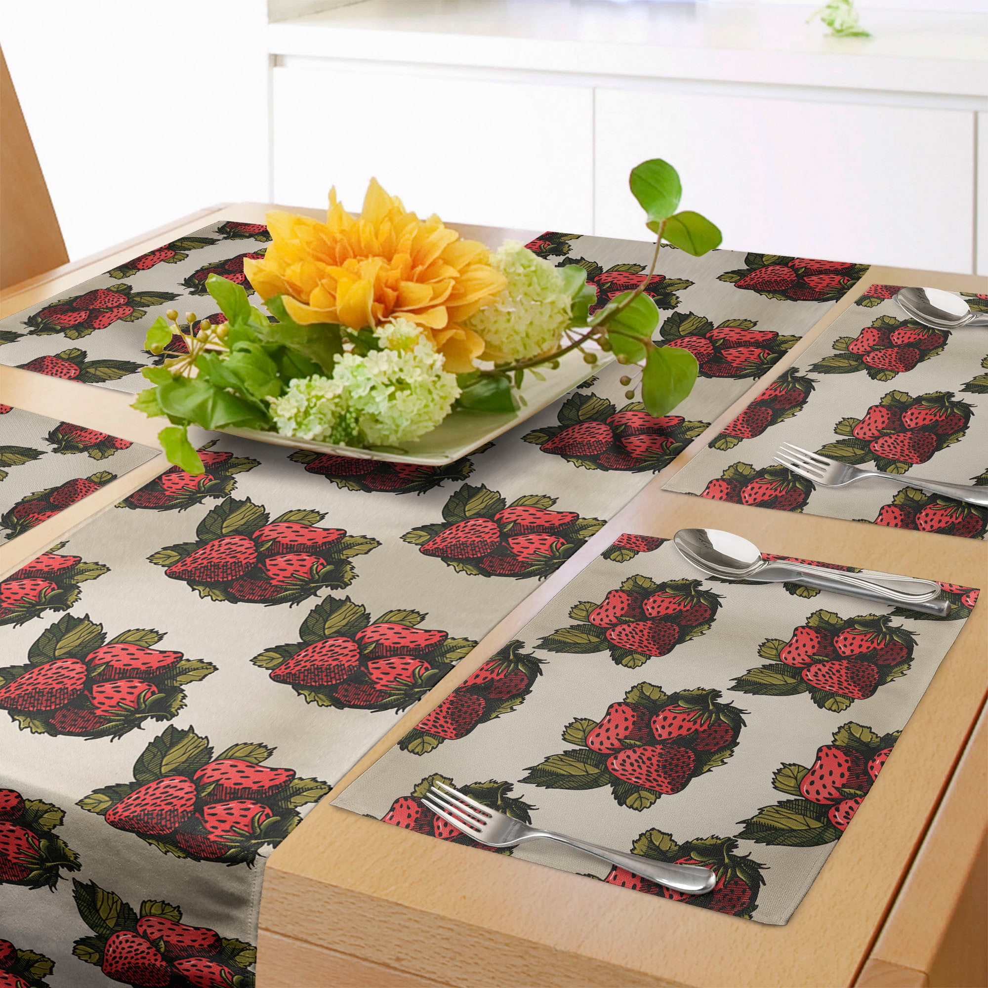 Ambesonne Strawberry Table Runner & Placemats, Hand Drawn Fruits ...