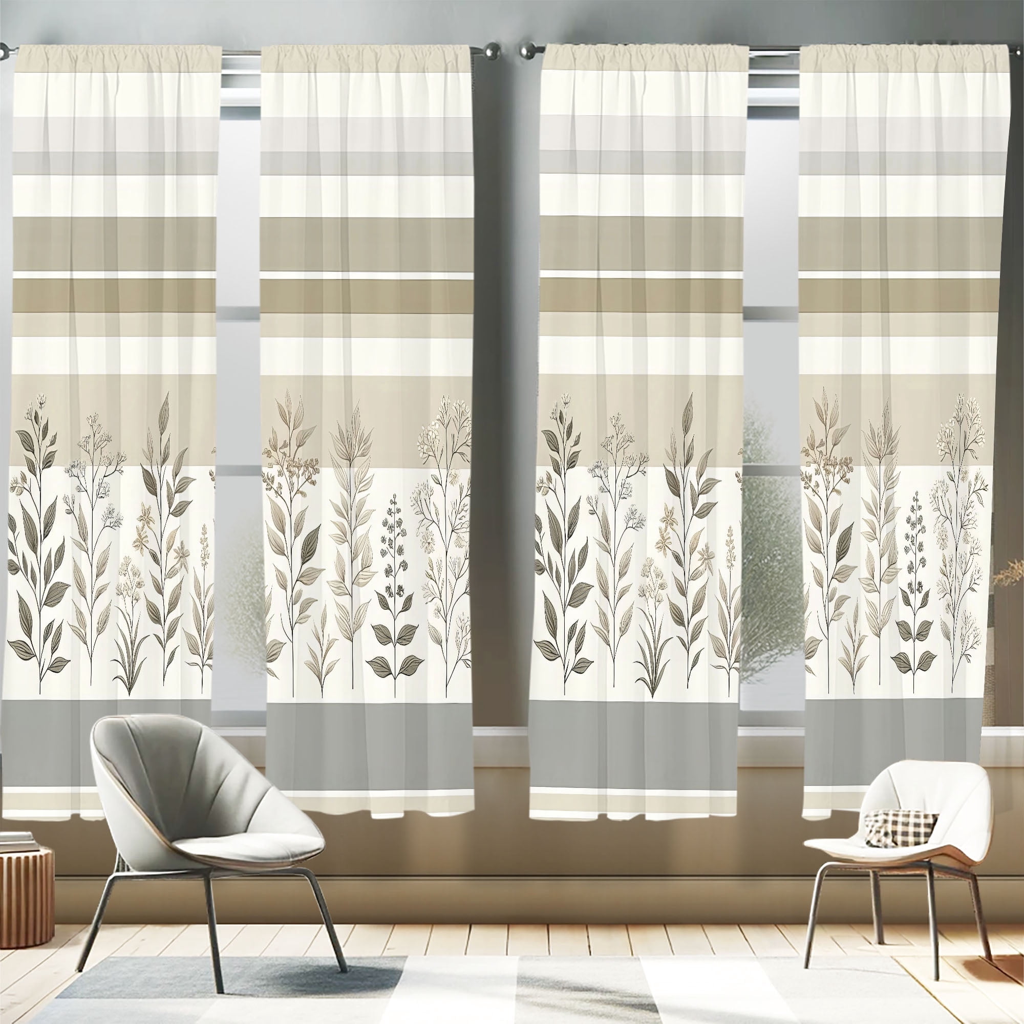 Ambesonne Striped 4-Panel Curtains, Modern Simple Boho Leaves, 56"x95 ...