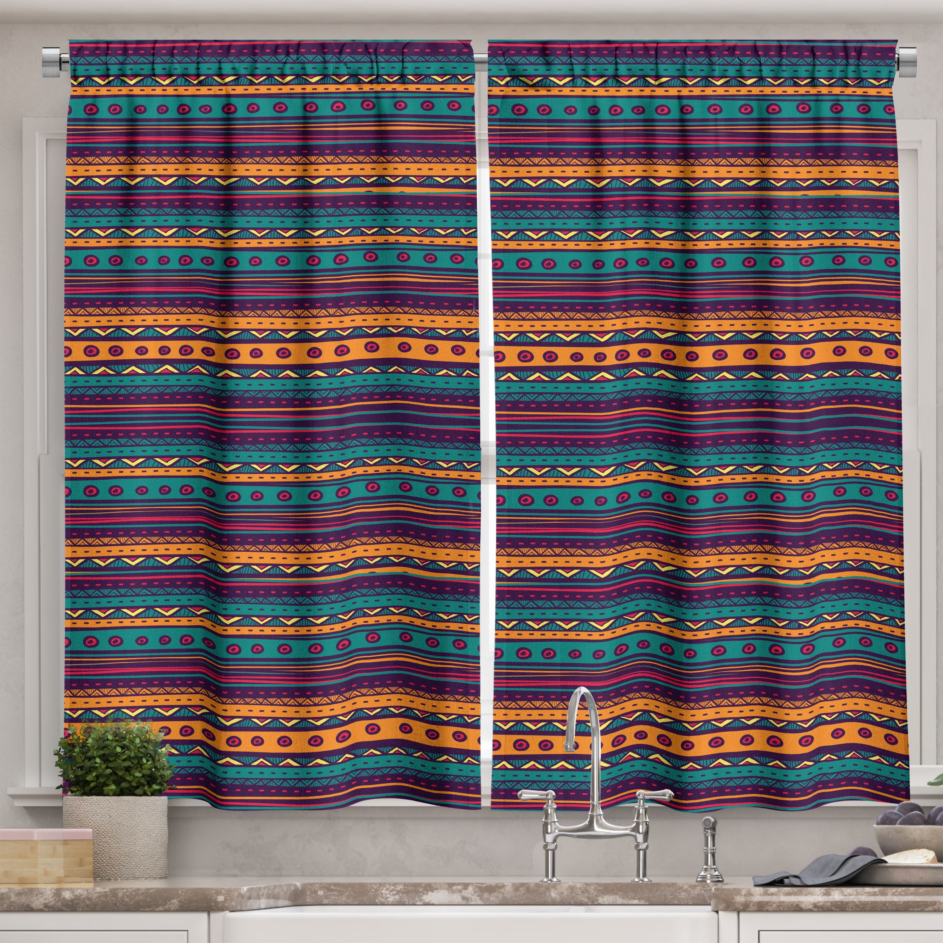 Ambesonne Striped Kitchen Curtains, Retro Aztec Art, 55"x39", Teal Plum ...