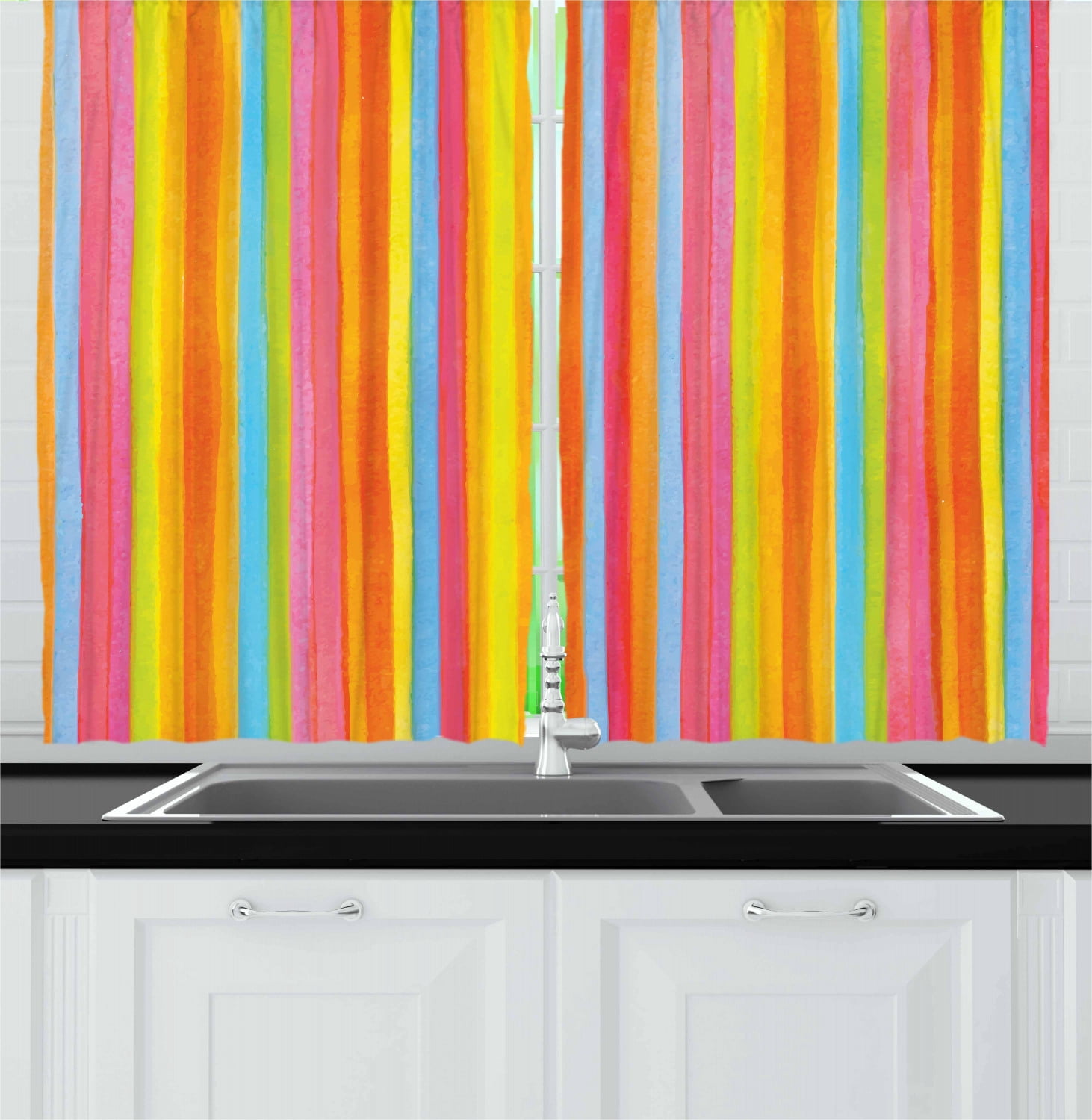 Ambesonne Striped Kitchen Curtains, Vertical Colorful Lines, 55"x39 ...