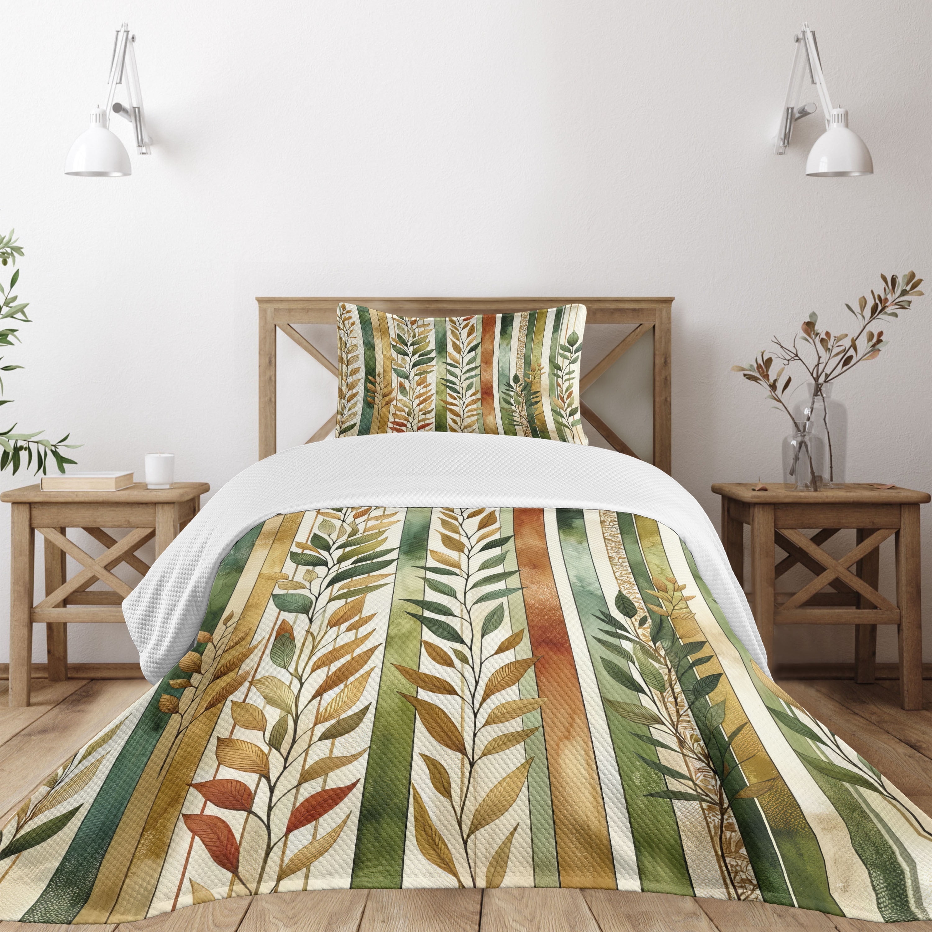 Ambesonne Striped Quilted Bedspread Set 2 Pcs, Modern Leafy Jungle ...