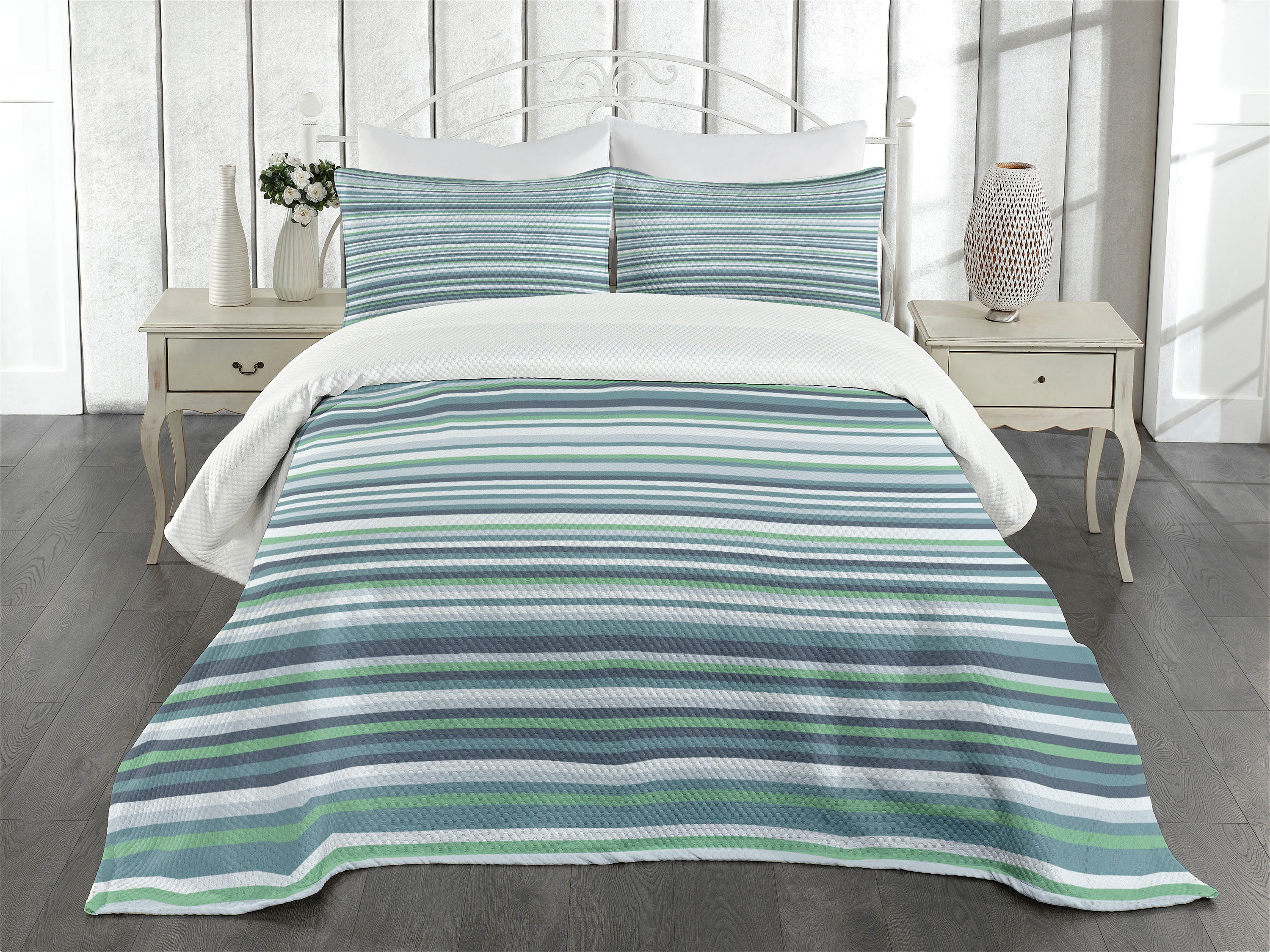 Ambesonne Striped Quilted Bedspread Set 3 Pcs, Abstract Narrow Band ...