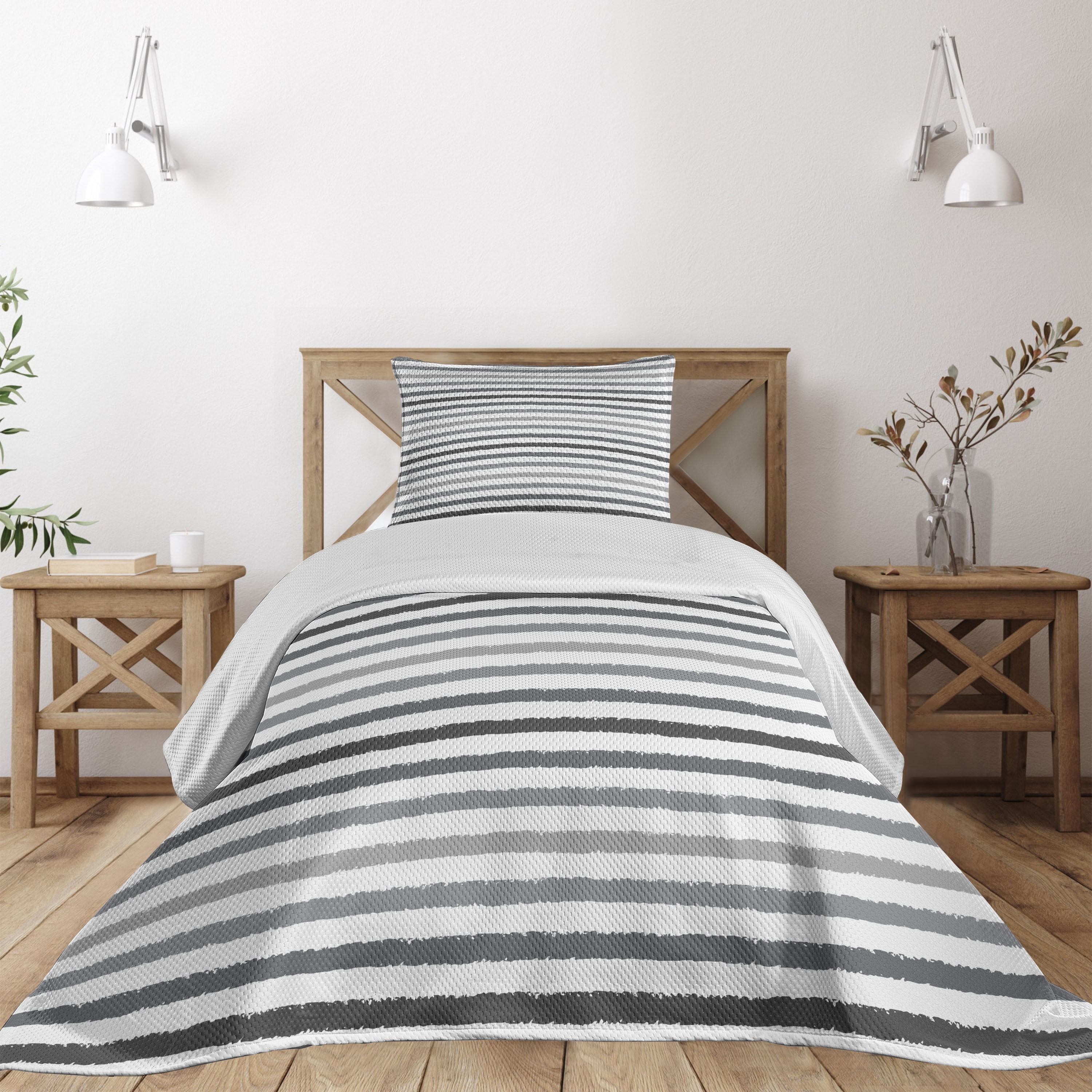 Ambesonne Striped Quilted Coverlet 2 Pcs, Grey and White Grunge, Twin ...