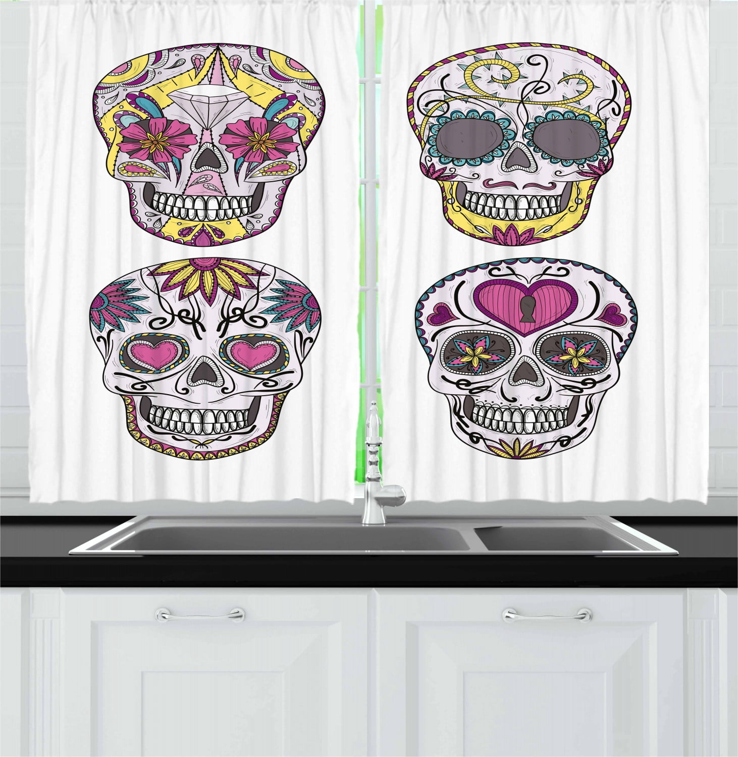 Ambesonne Sugar Skull Kitchen Curtains, Mexican Skulls Set, 55"x39 ...