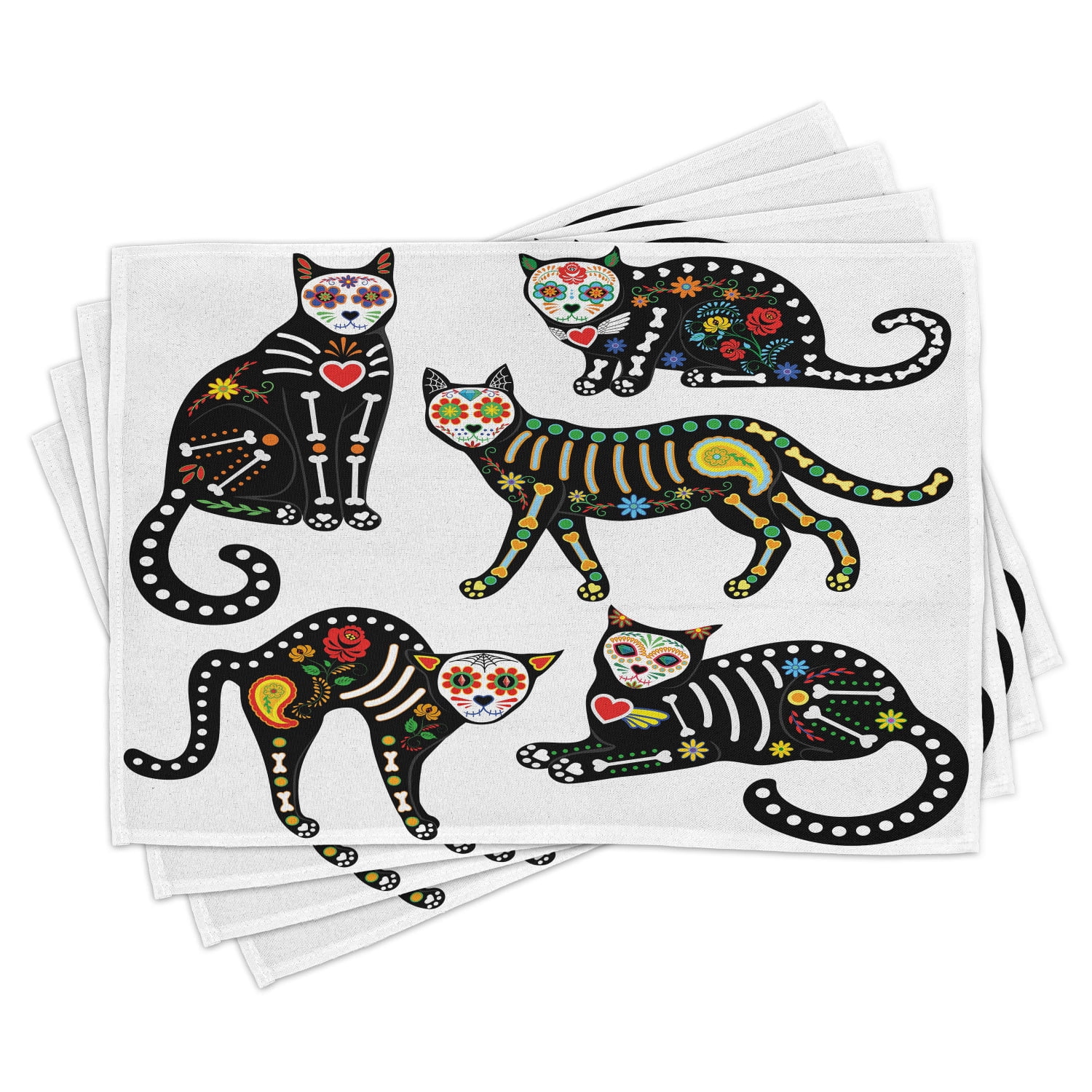 Ambesonne Sugar Skull Place Mats Set of 4, Ornate Black Cats, Standard ...