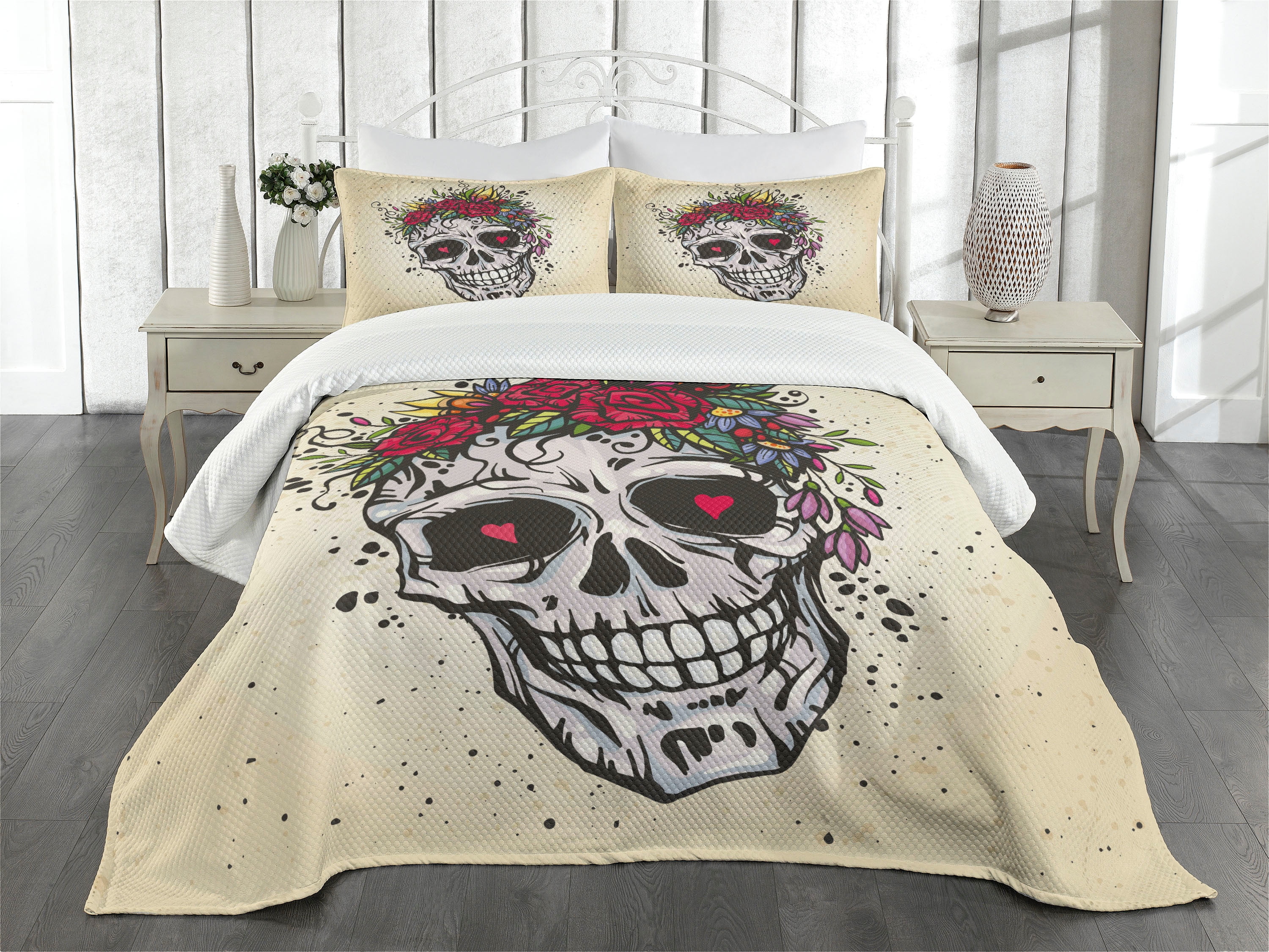 Ambesonne Sugar Skull Quilted Bedspread Set 3 Pcs, Boho Plant Skull ...