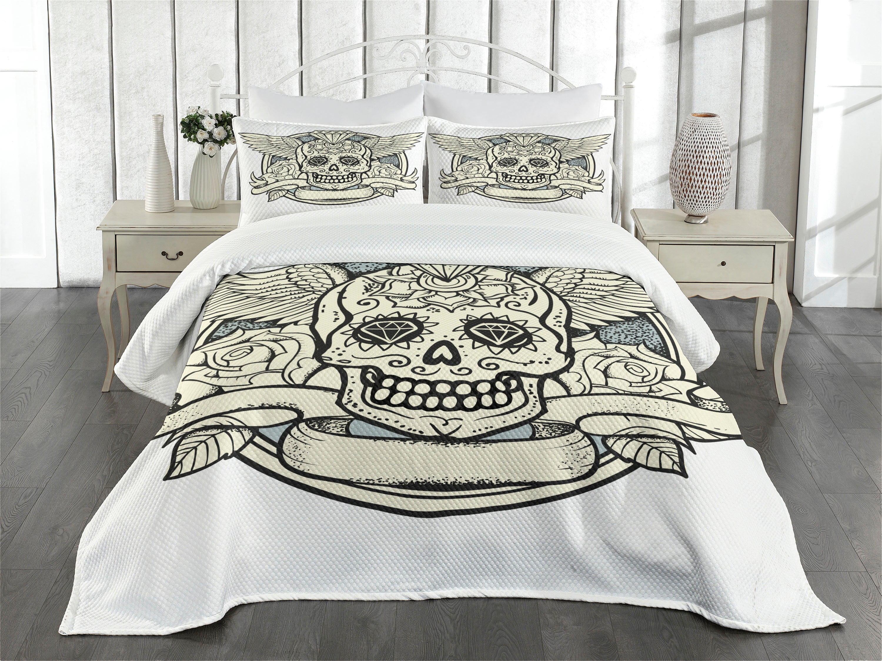 Ambesonne Sugar Skull Quilted Bedspread Set 3 Pcs, Calavera Diamond ...
