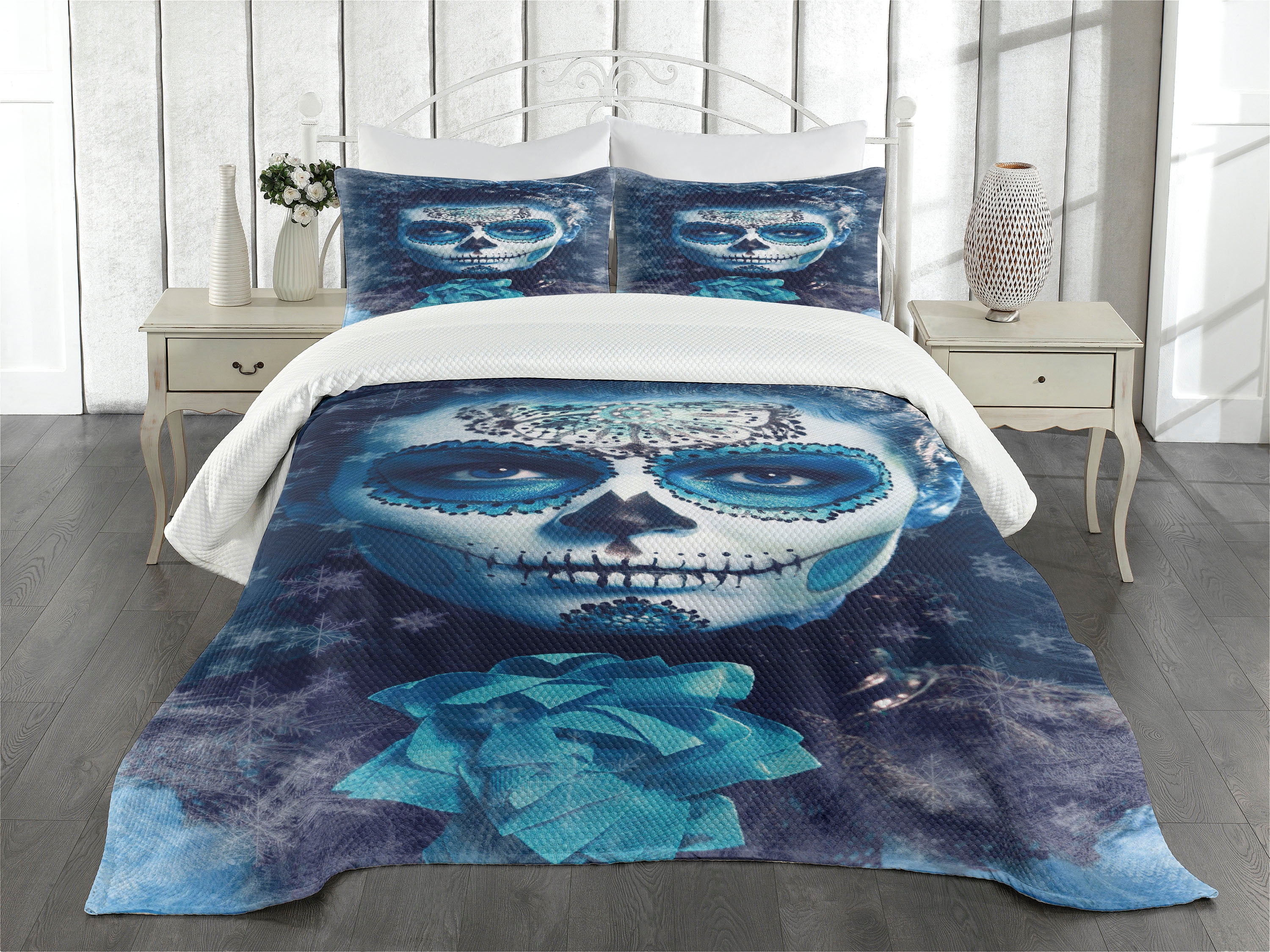 Ambesonne Sugar Skull Quilted Bedspread Set 3 Pcs, Frozen Dead Folk ...