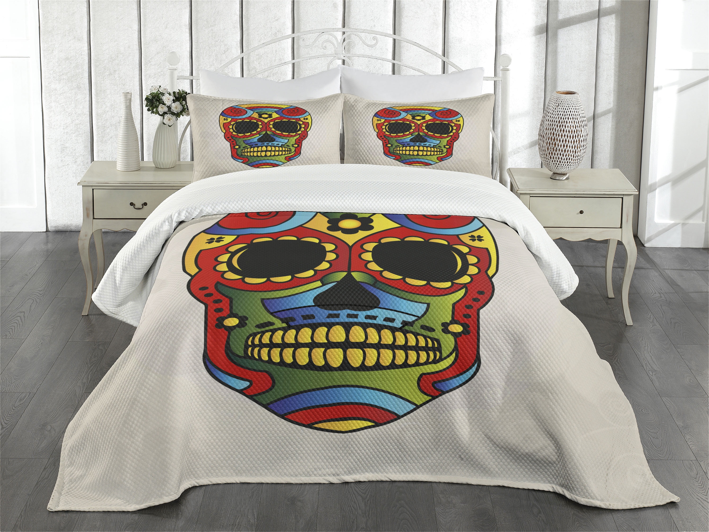 Ambesonne Sugar Skull Quilted Bedspread Set 3 Pcs, Latin Macabre Myth ...