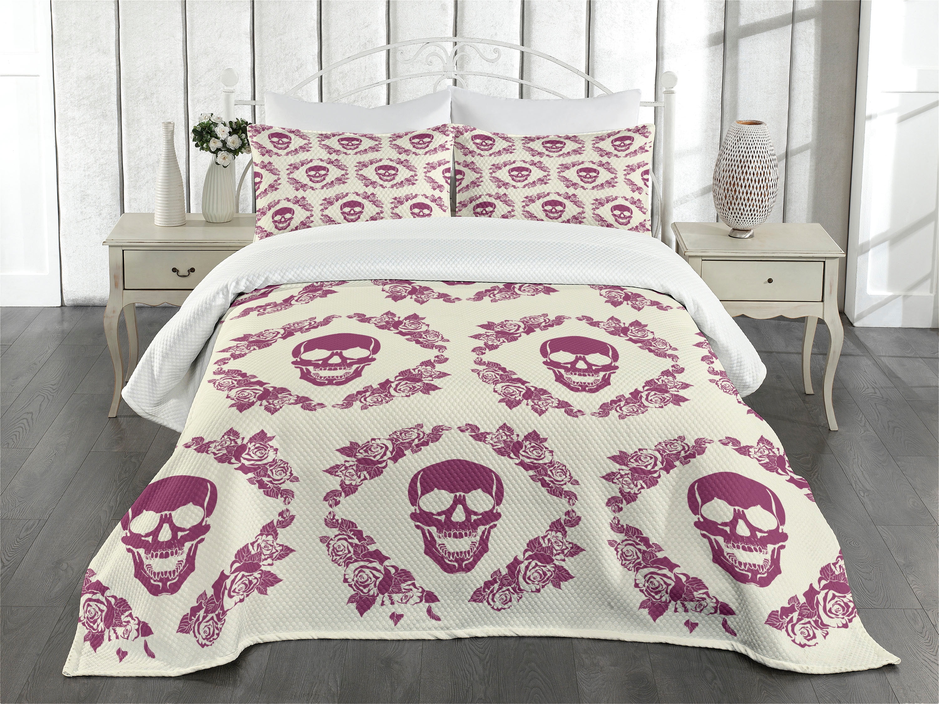 Ambesonne Sugar Skull Quilted Bedspread Set 3 Pcs, Maroon Motif Flowers ...