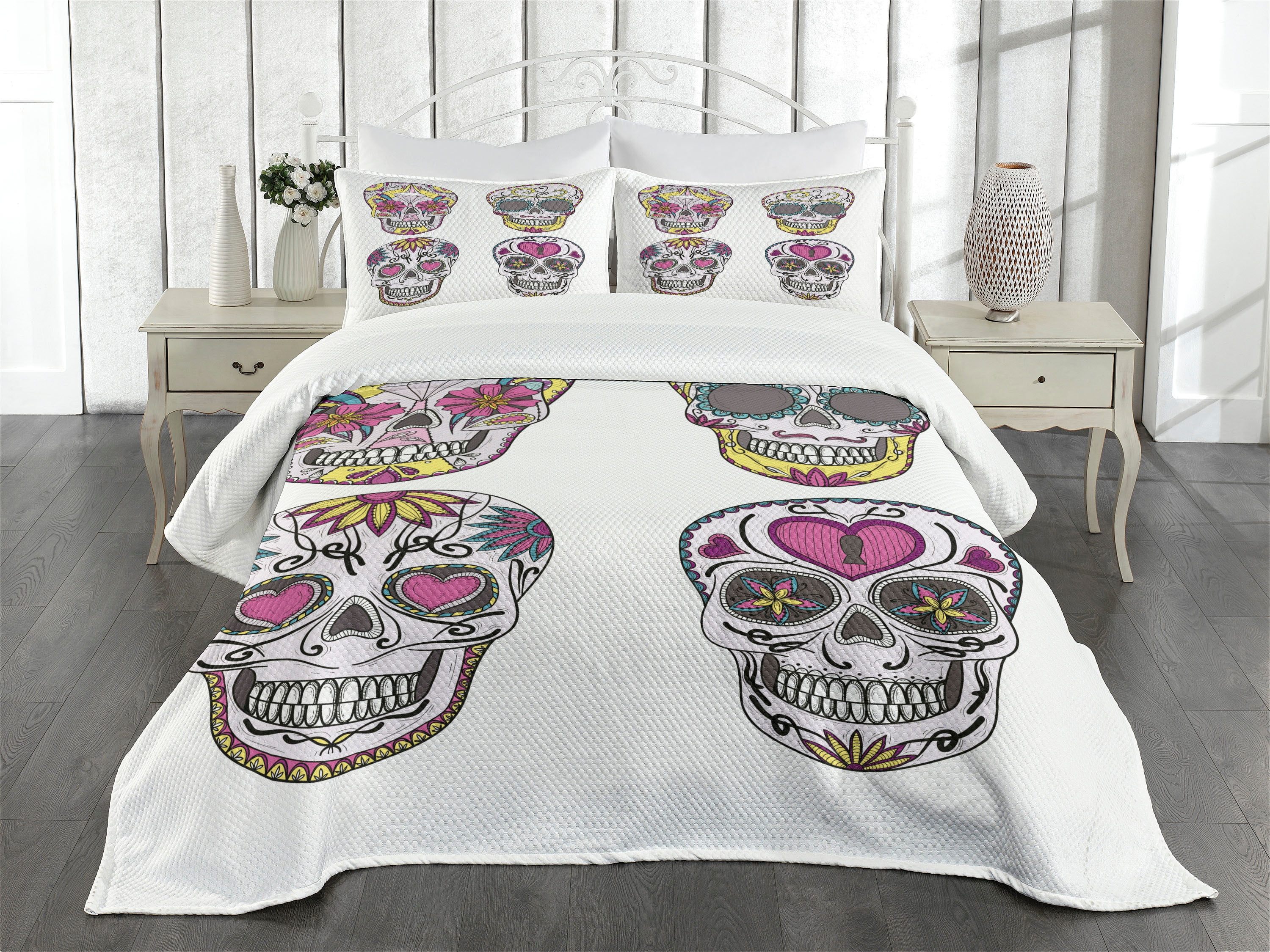 Ambesonne Sugar Skull Quilted Bedspread Set 3 Pcs, Mexican Skulls Set ...