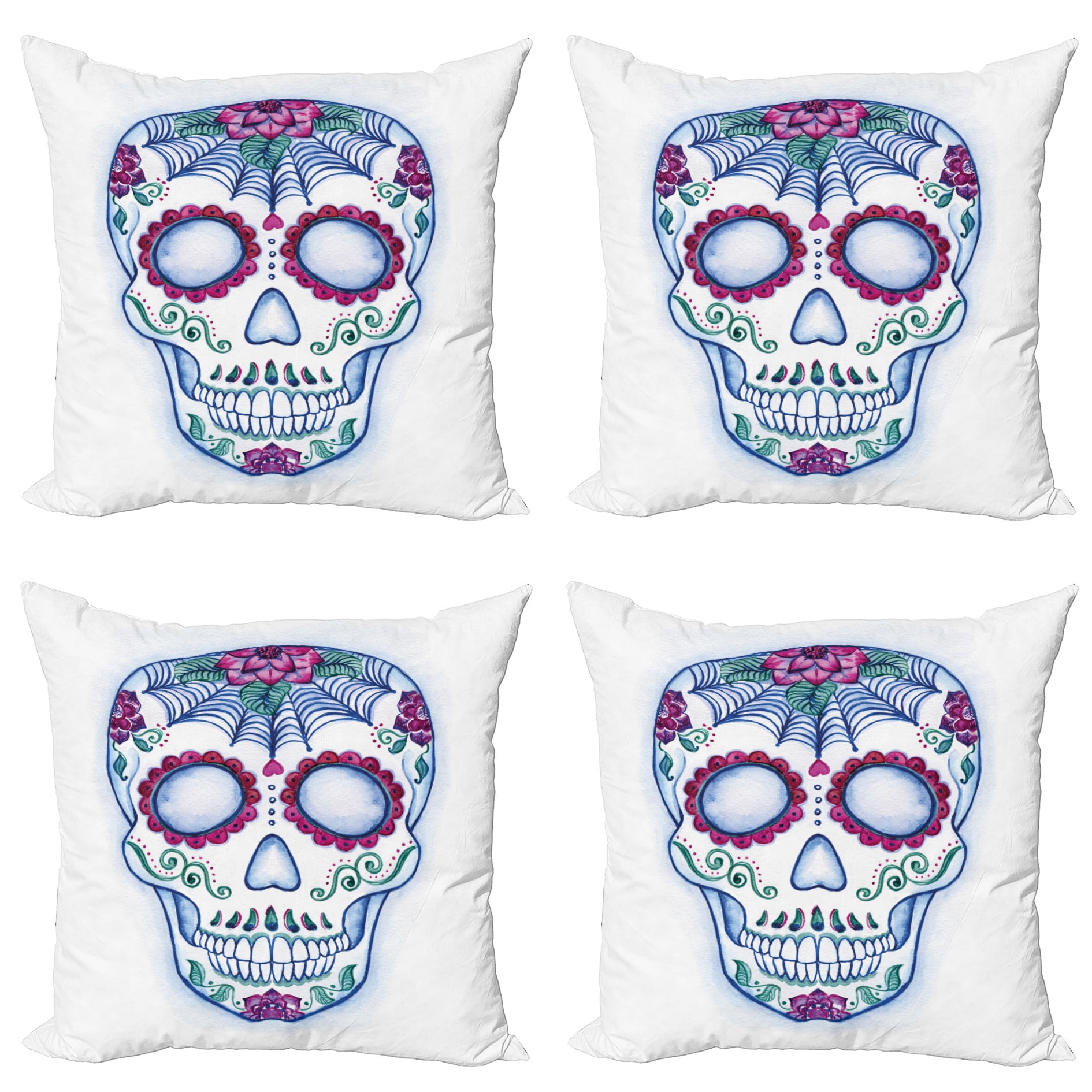 Ambesonne Sugar Skull Throw Pillow Cover 4 Pack, Colorful Skeleton ...