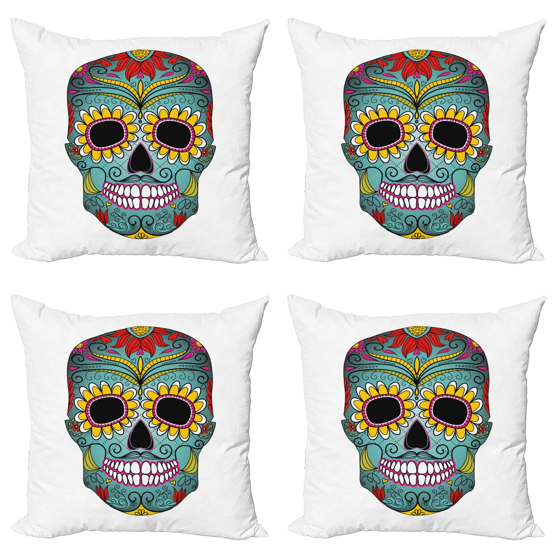 Ambesonne Sugar Skull Throw Pillow Cover 4 Pack, Folk Art Featured, 18 ...