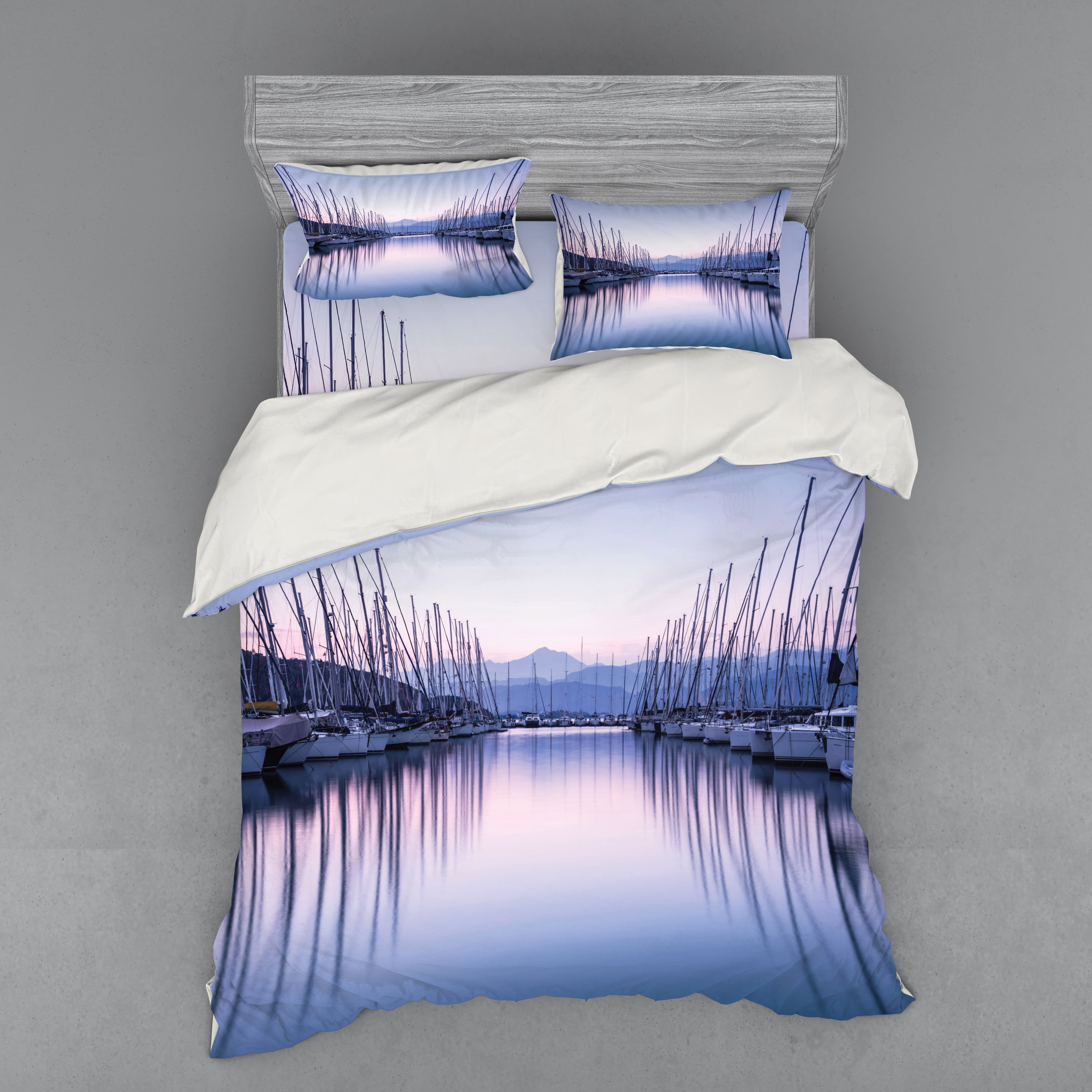 Ambesonne Summer Bedding Set 4 Pcs, Yacht Harbor in Sunrise, Queen ...