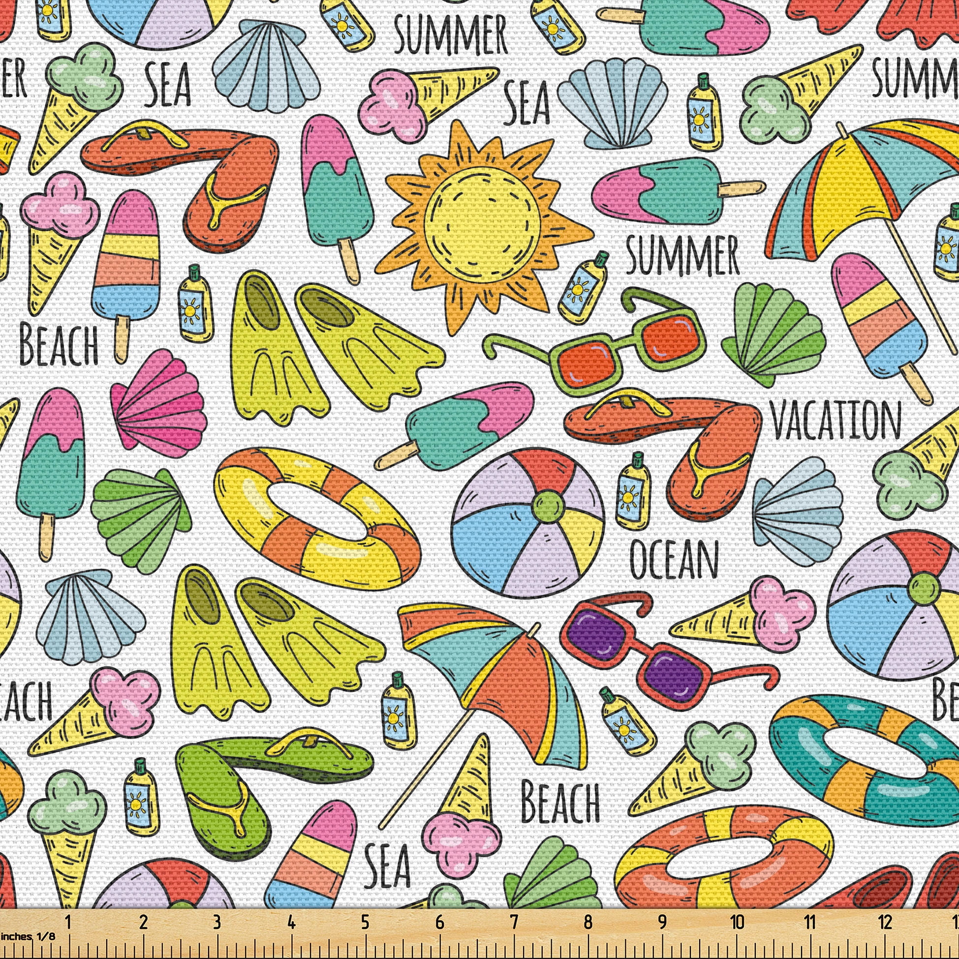 Ambesonne Summer Fabric by the Yard Upholstery, Sand Sea Beach Fun ...