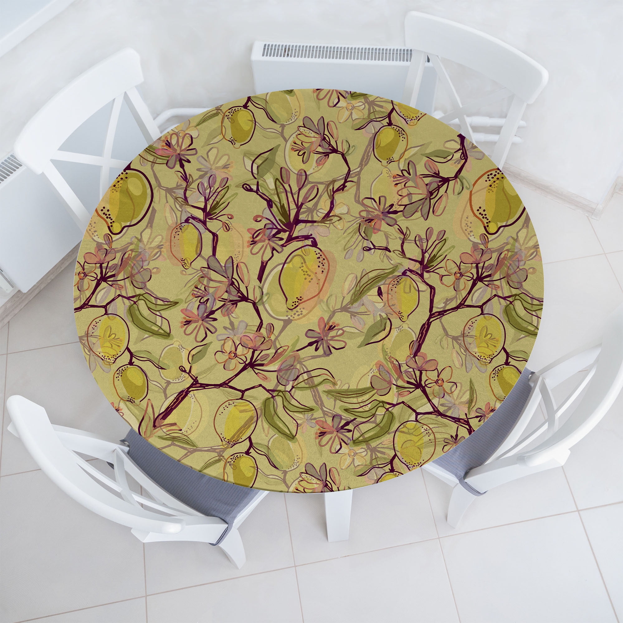 Ambesonne Summer Fitted Round Tablecloth, Vintage Fruity Lemon Pattern ...