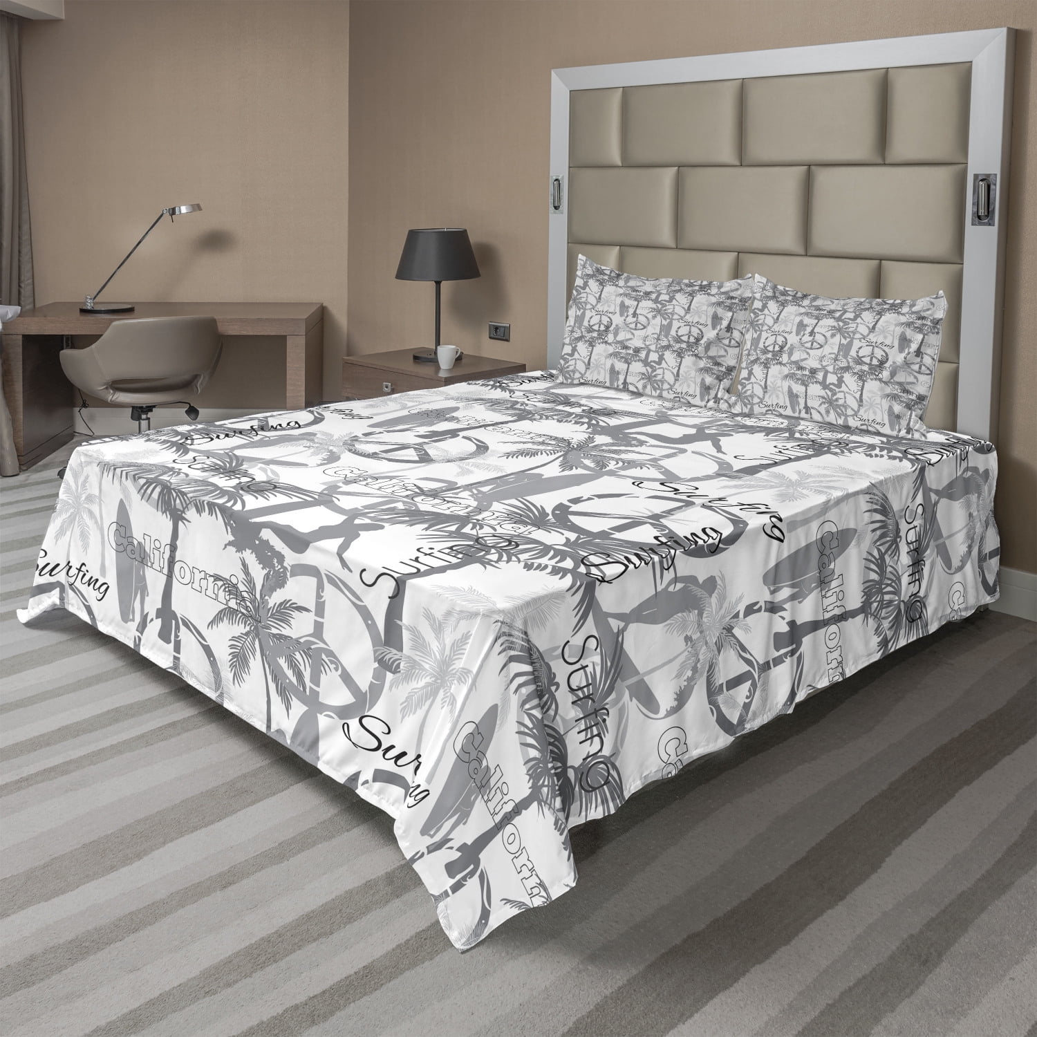 Ambesonne Summer Fitted & Top Sheet Set with Shams, Surfer Woman in ...