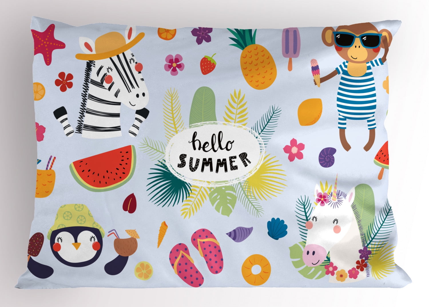 Ambesonne Summer Pillow Sham, Vacation Monkey Zebra Sunny, 26" X 20 ...