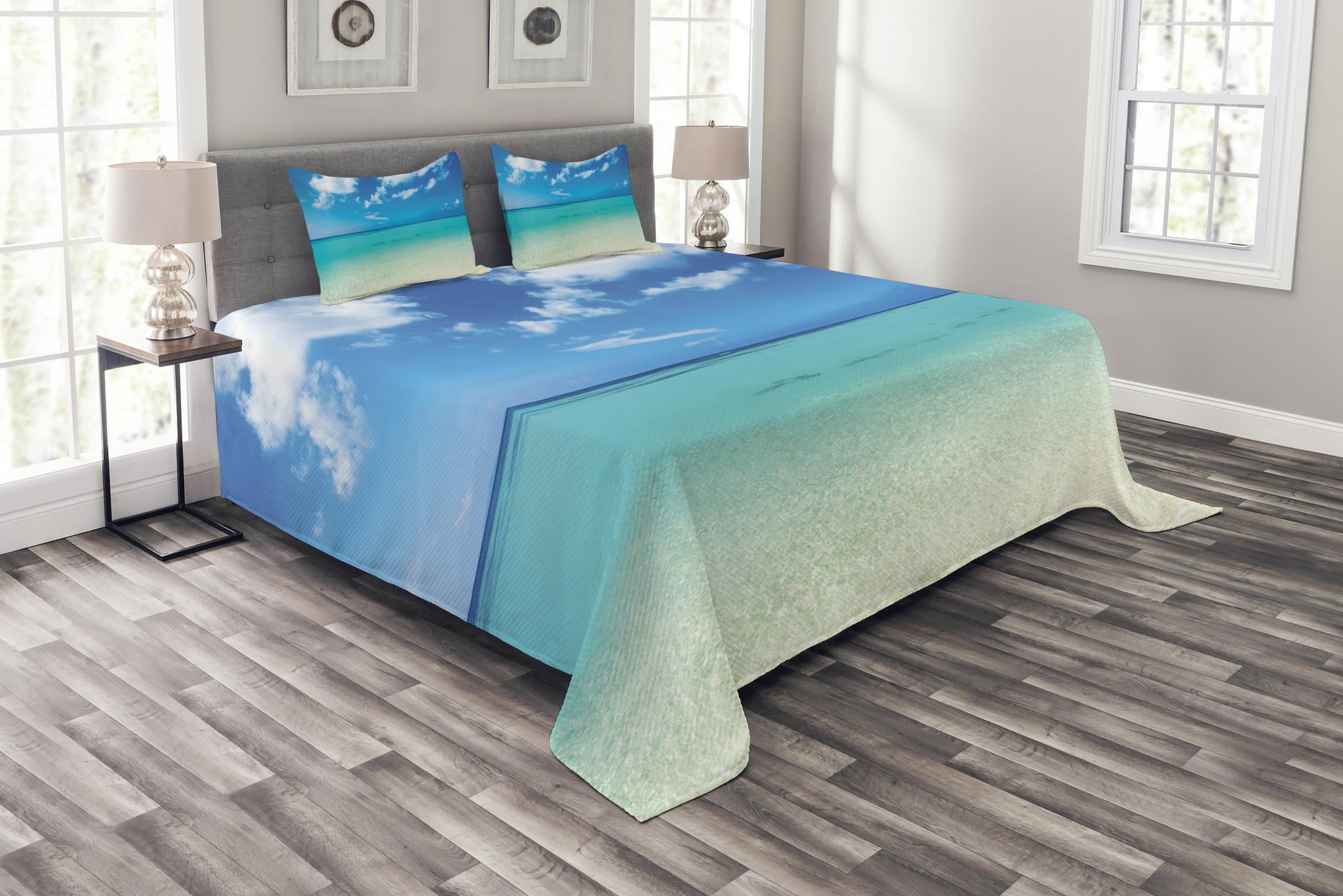 Ambesonne Summer Quilted Bedspread Set 3 Pcs, Ocean Dreamy Sea Beach ...